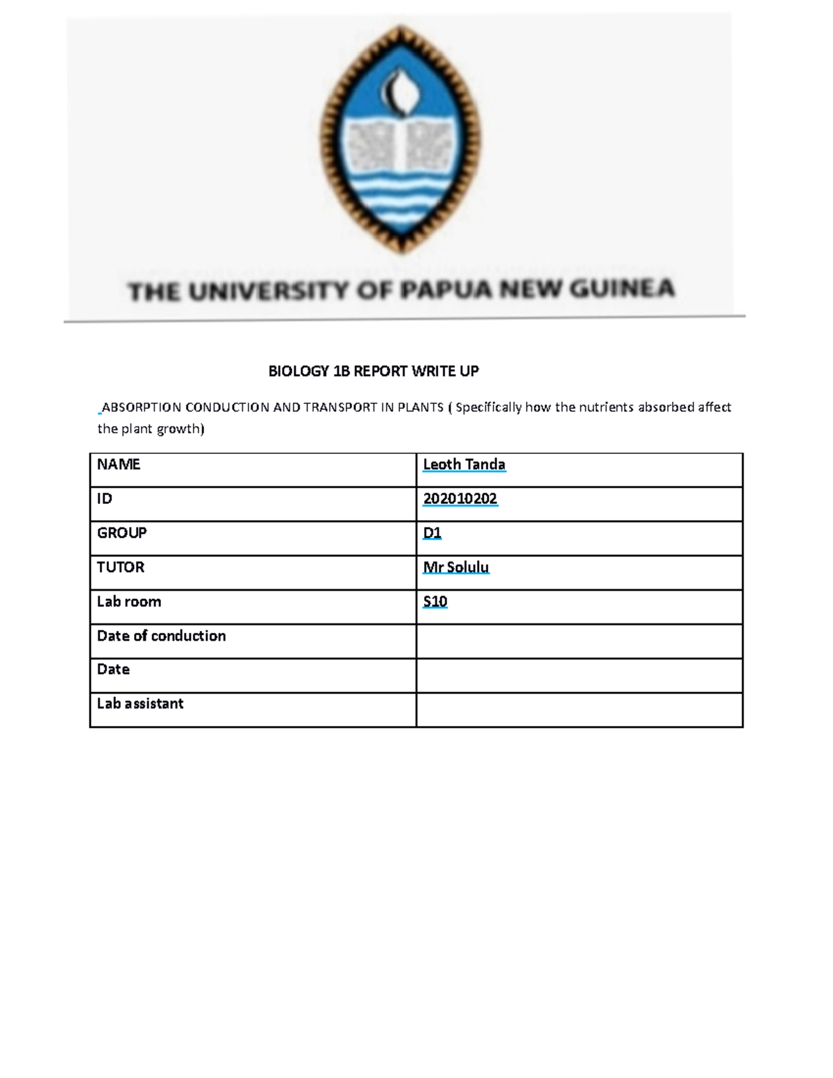 Biology report - Chemistry 1B - Studocu