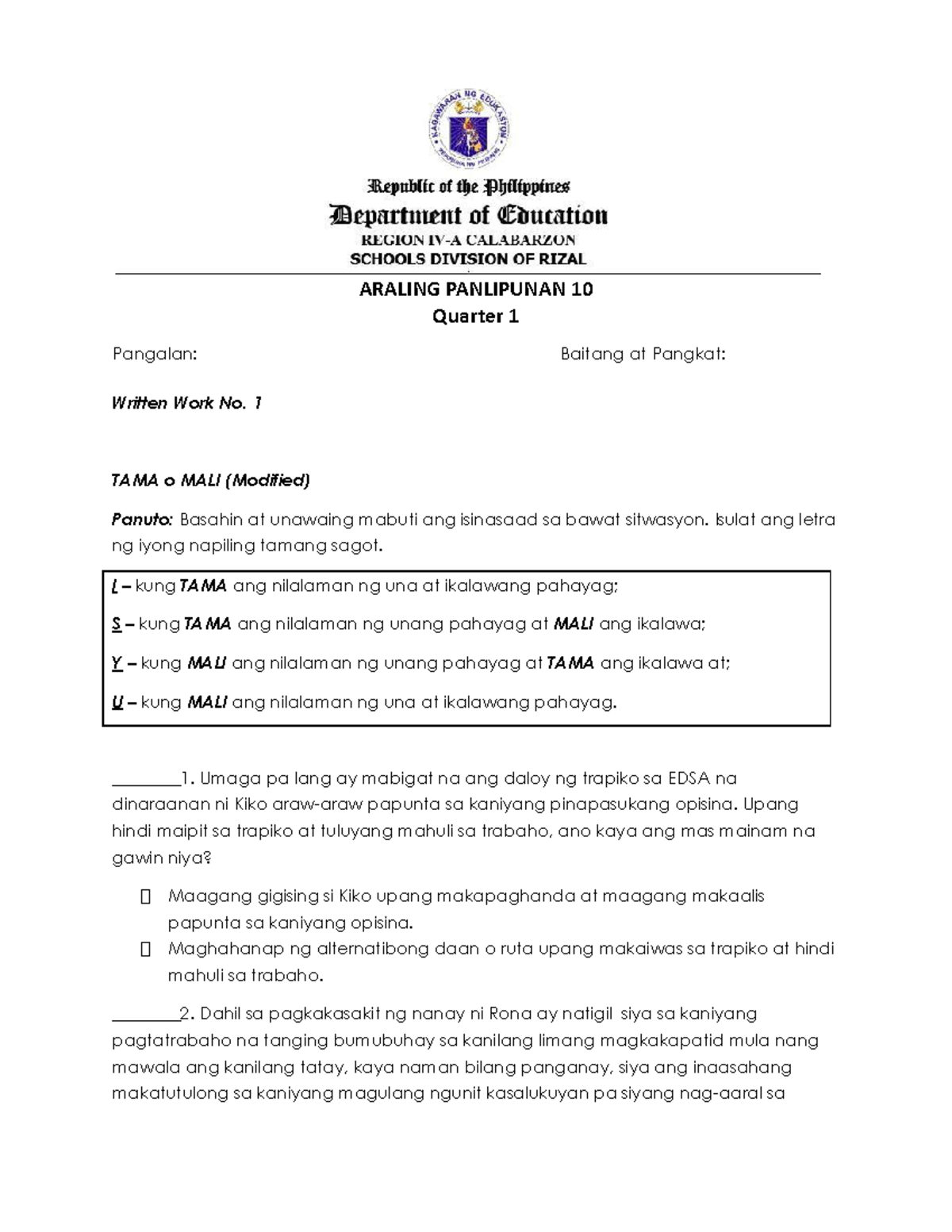Grade 10 Q1 WW1 AP - Practice Material - ARALING PANLIPUNAN 10 Quarter 1 Pangalan: Baitang at ...