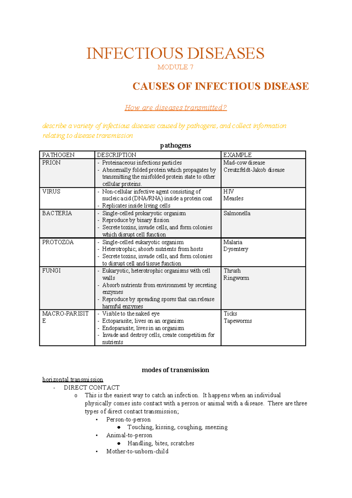 Infectious Diseases Module Notes - INFECTIOUS DISEASES MODULE 7 CAUSES ...