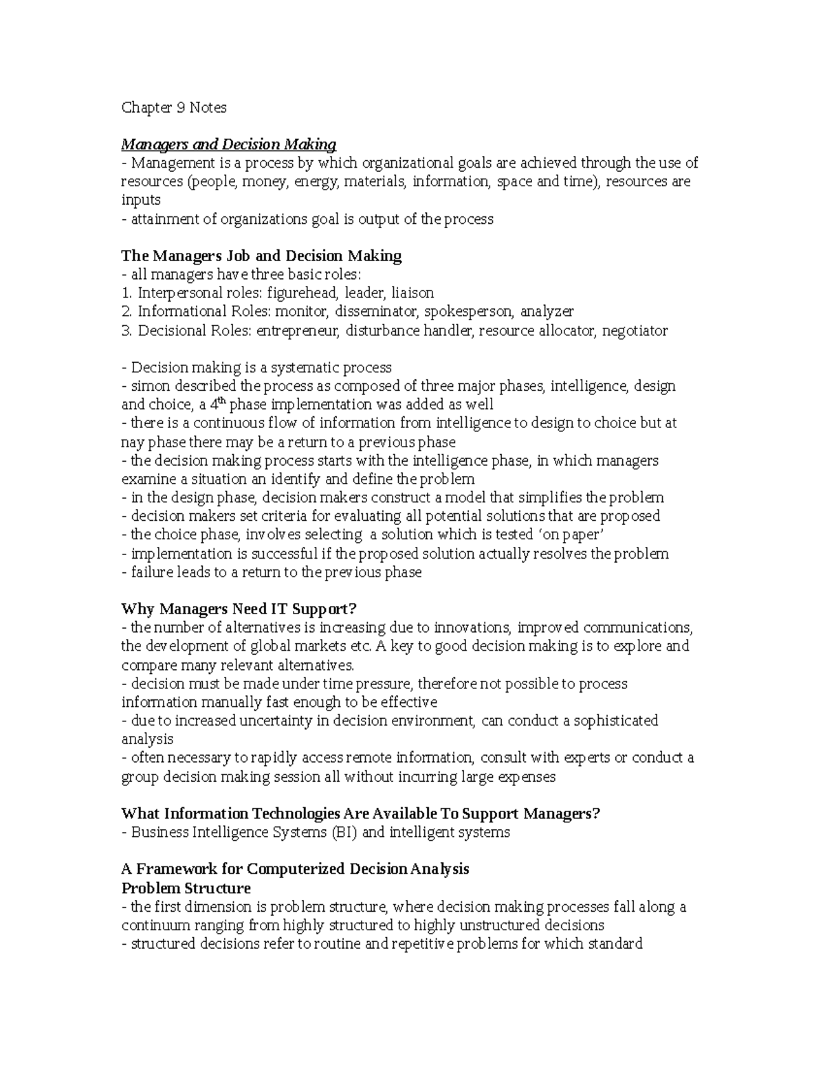 Chapter 9 Notes - Chapter 9 Notes Managers and Decision Making ...