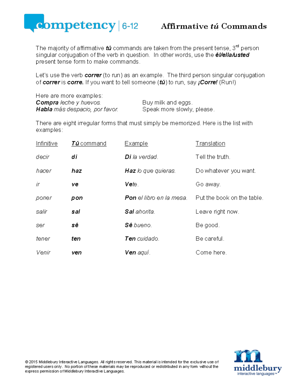 Affirmative tu comands pdf - Affirmative tú Commands © 2015 Middlebury ...
