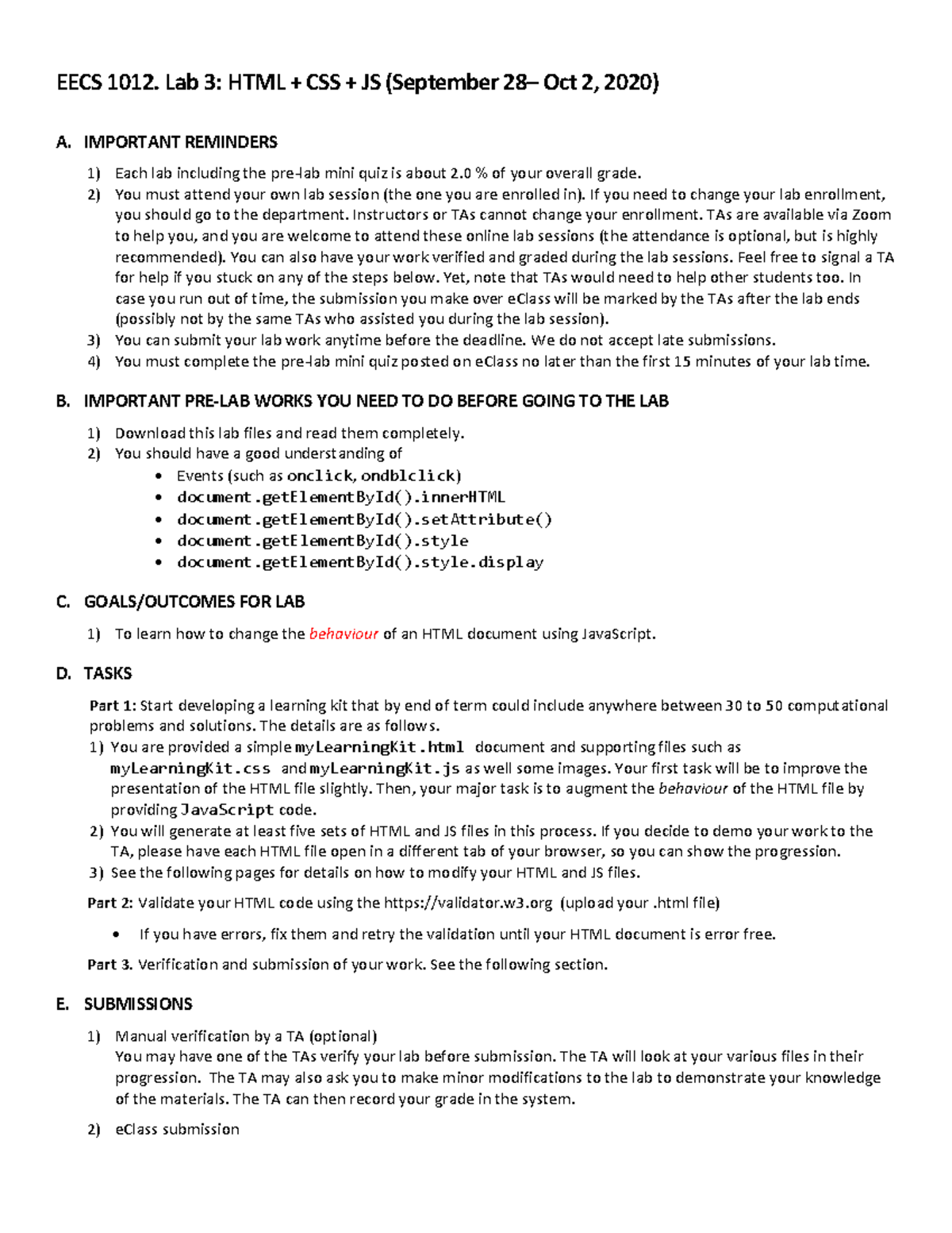 Lab03 information technology - EECS 1012. Lab 3: HTML + CSS + JS ...