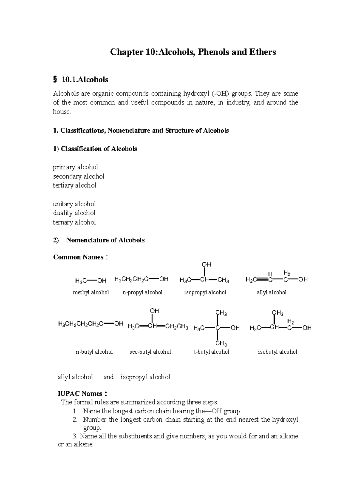 Alcohols, Phenols and Ethers - Chapter 10:Alcohols, Phenols and Ethers ...