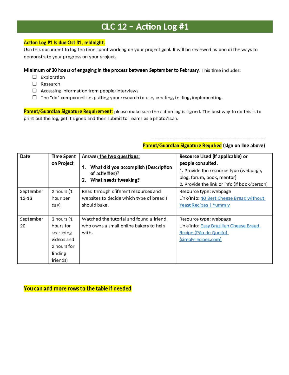 Action Log #1 - CLC 12 – Action Log Action Log #1 is due Oct 31 ...