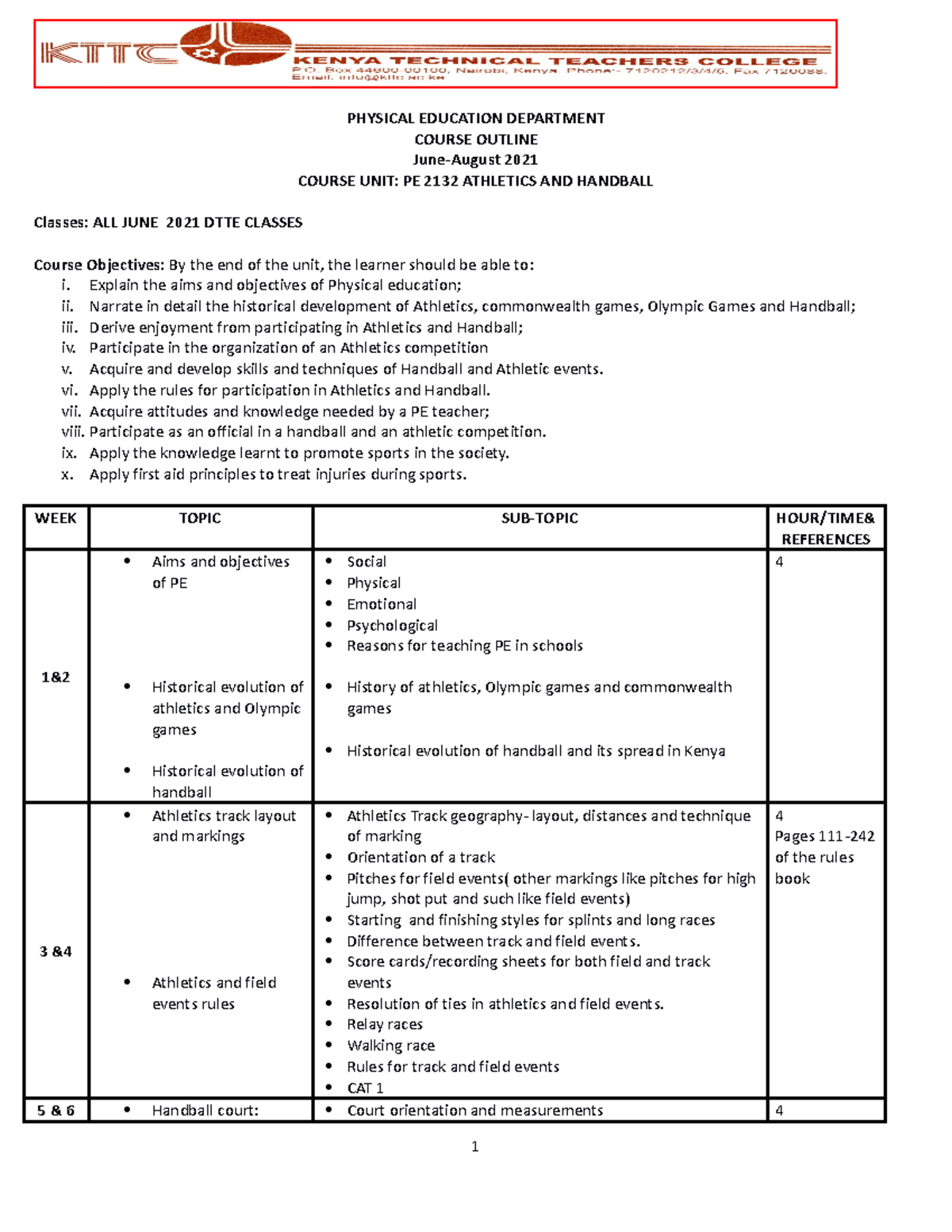 2133; Athletic AND Handball Course Outline - PHYSICAL EDUCATION ...