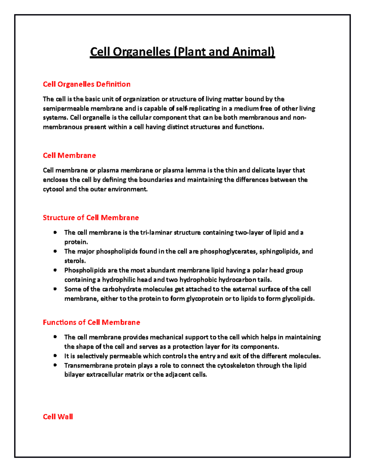 Notes Cell Organelles (Plant and Animal) - Cell Organelles (Plant and ...