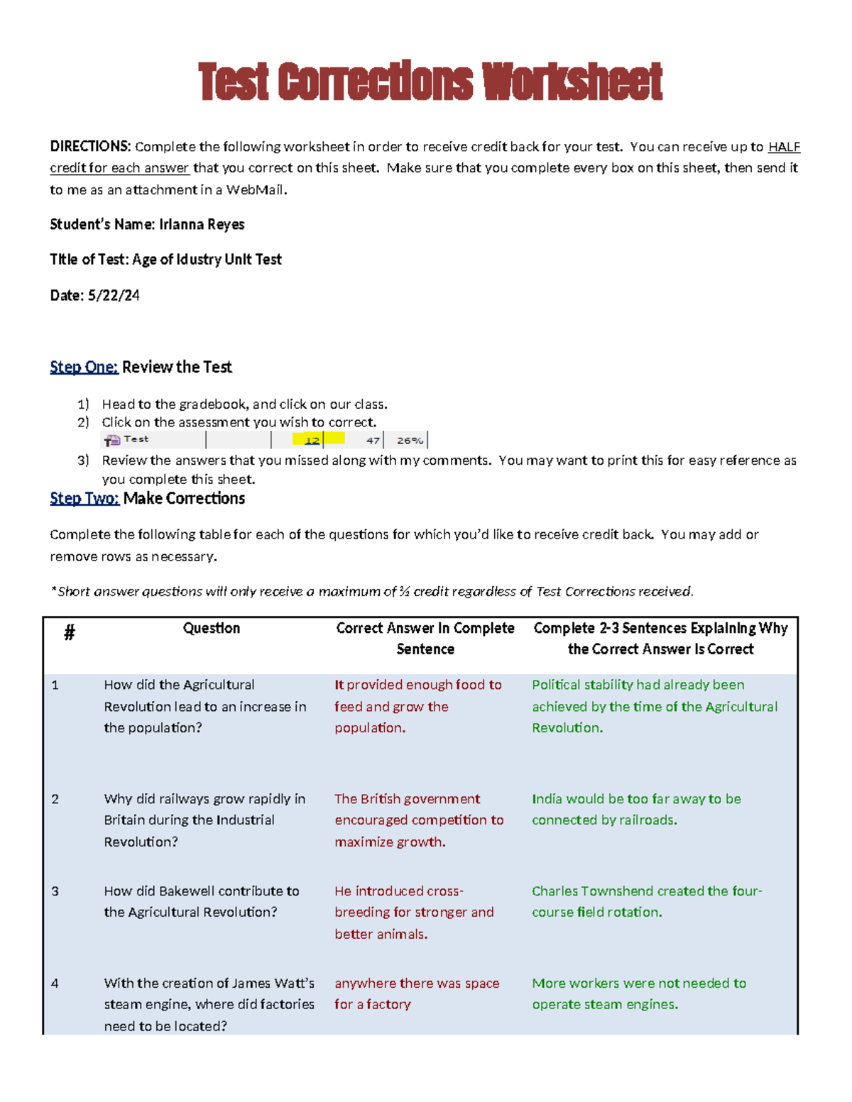 Age of Industry Unit Test - Test Corrections Worksheet DIRECTIONS ...