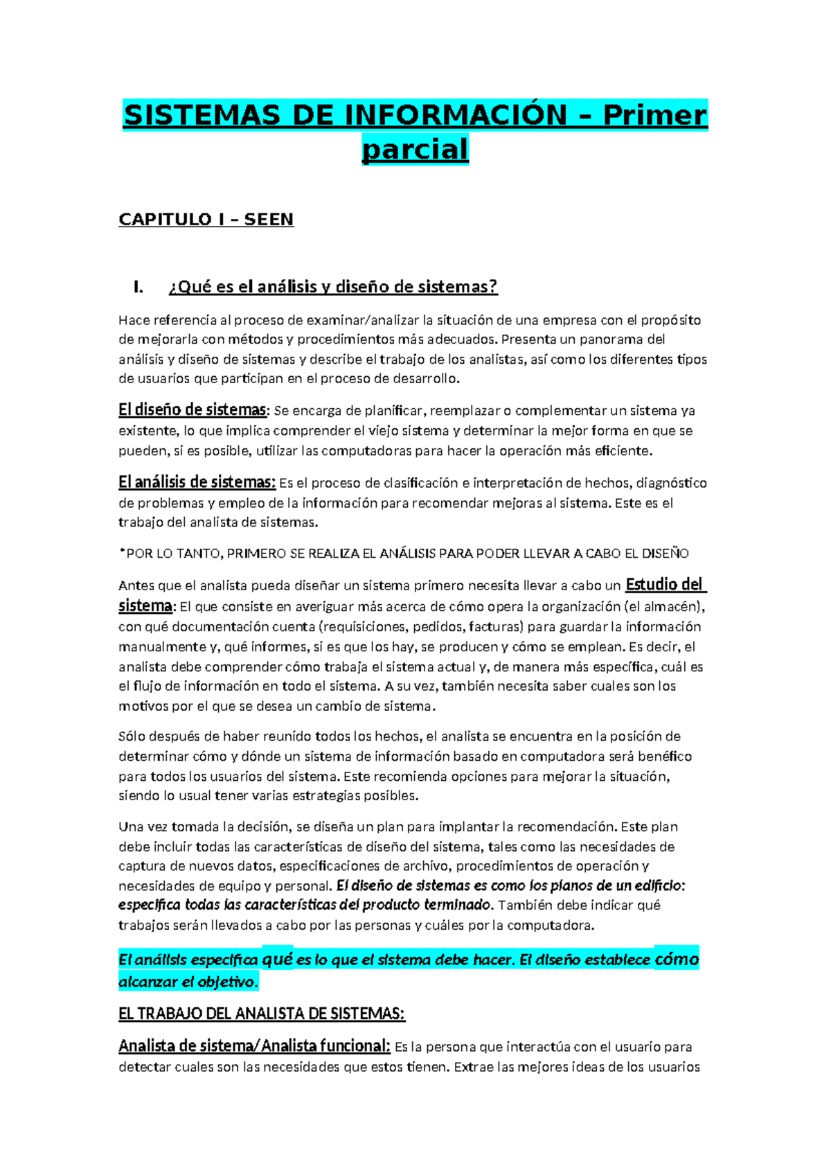 S. I - Resumen (1er Parcial) - SISTEMAS DE INFORMACIÓN – Primer parcial CAPITULO I – SEEN I ...