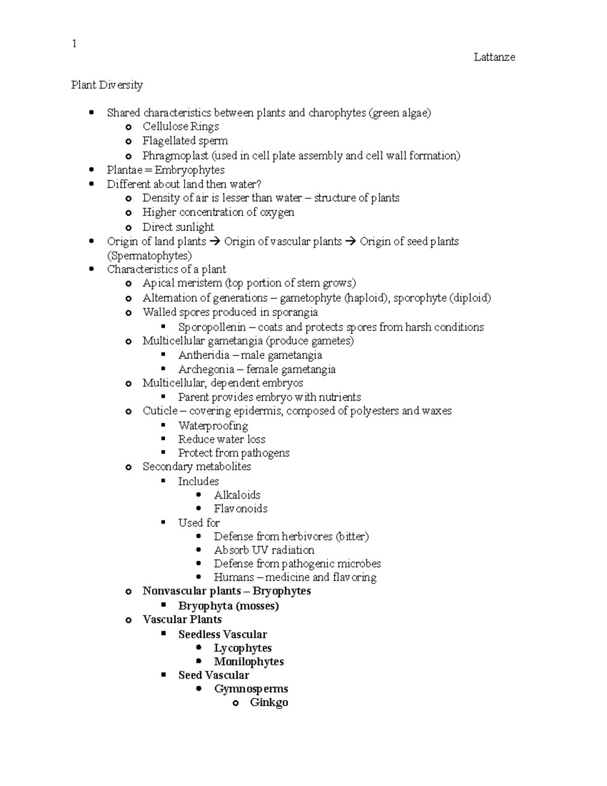 Plant Study Guide - Lecture notes 1 - 1 Lattanze Plant Diversity Shared ...