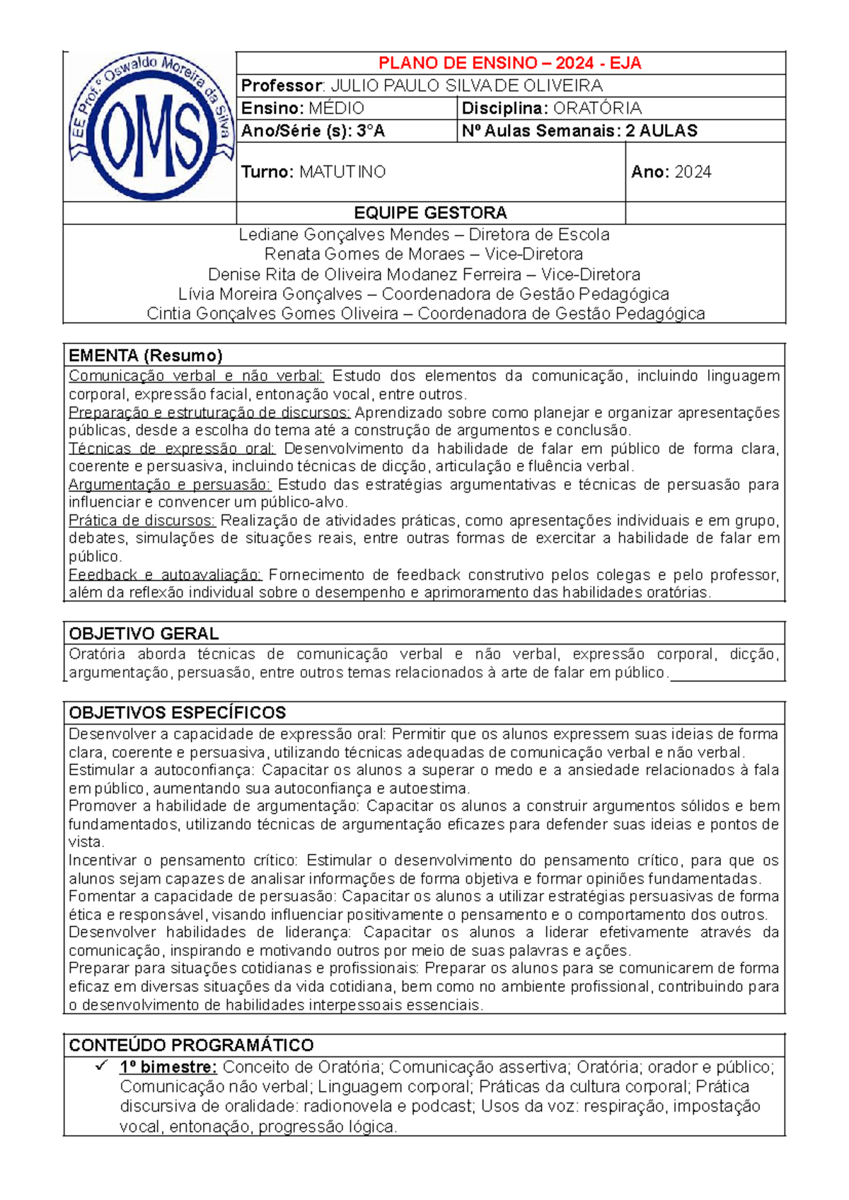 Plano DE Ensino Oratória 3°A Professor Julio Paulo - PLANO DE ENSINO ...