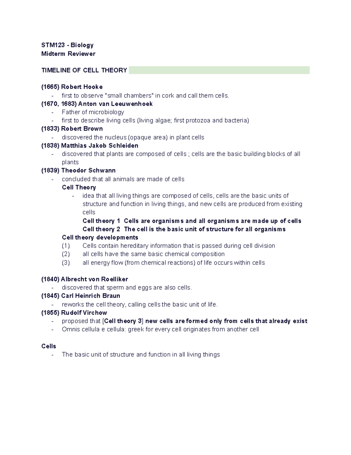 STM123 Outline - STM123 - Biology Midterm Reviewer TIMELINE OF CELL ...