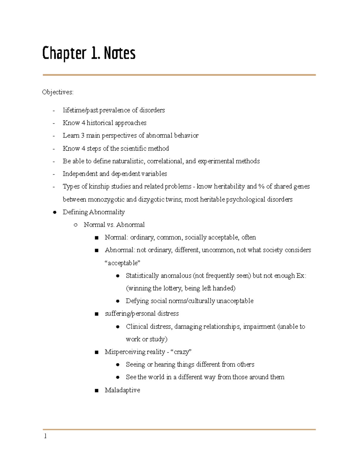 Abnormal Psych Class notes - Chapter 1. Nes Objectives: lifetime/past ...