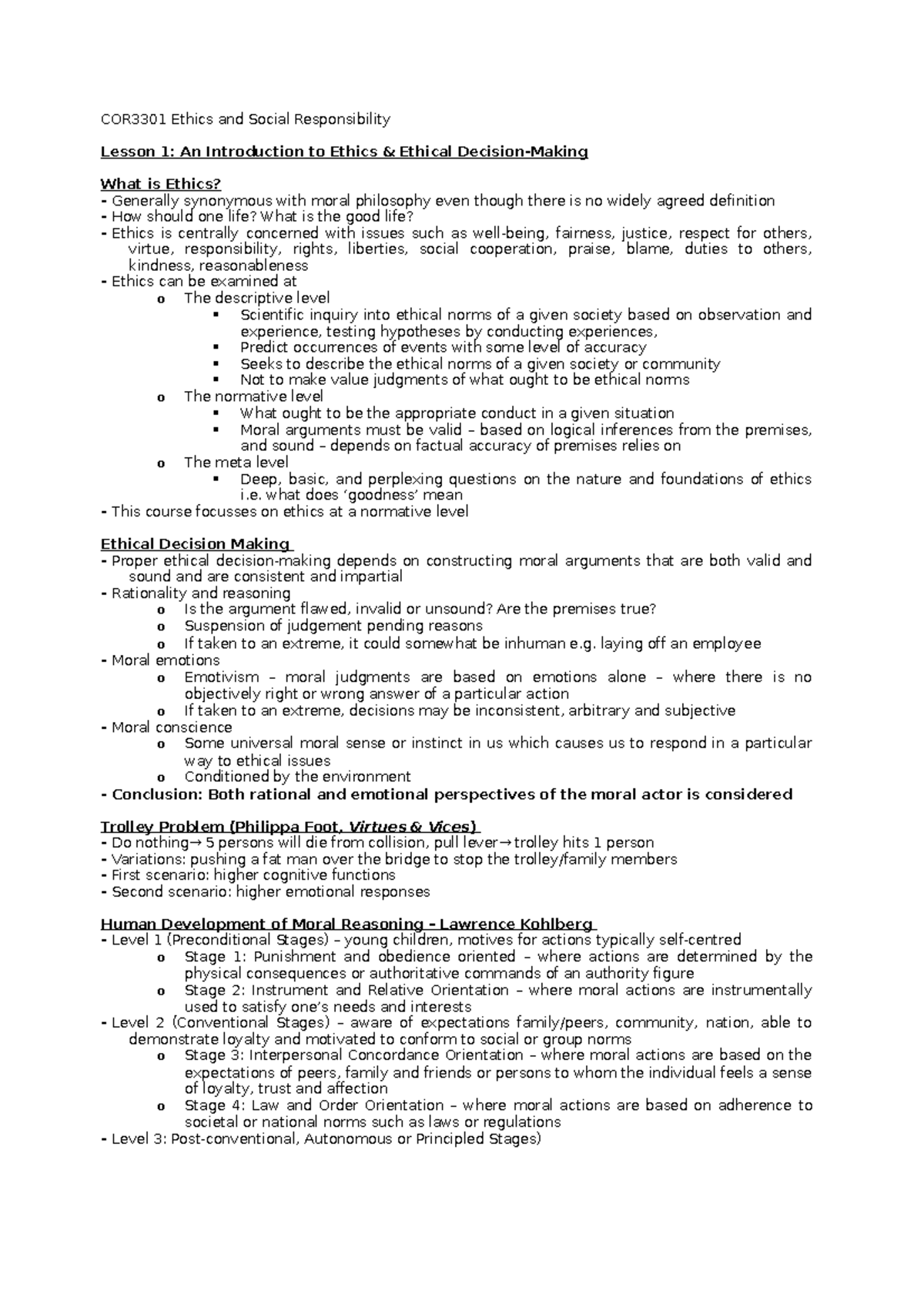 COR3301 Ethics and Social Responsibility - what does ‘goodness’ mean ...