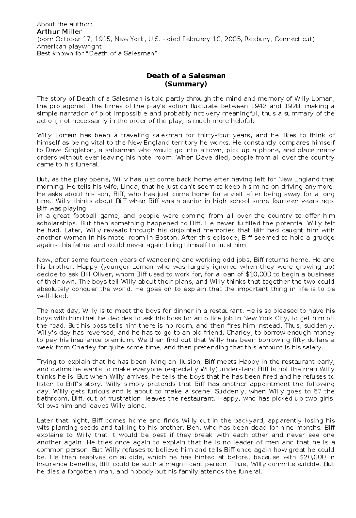 Death of a Salesman - About the author: Arthur Miller (born October 17 ...