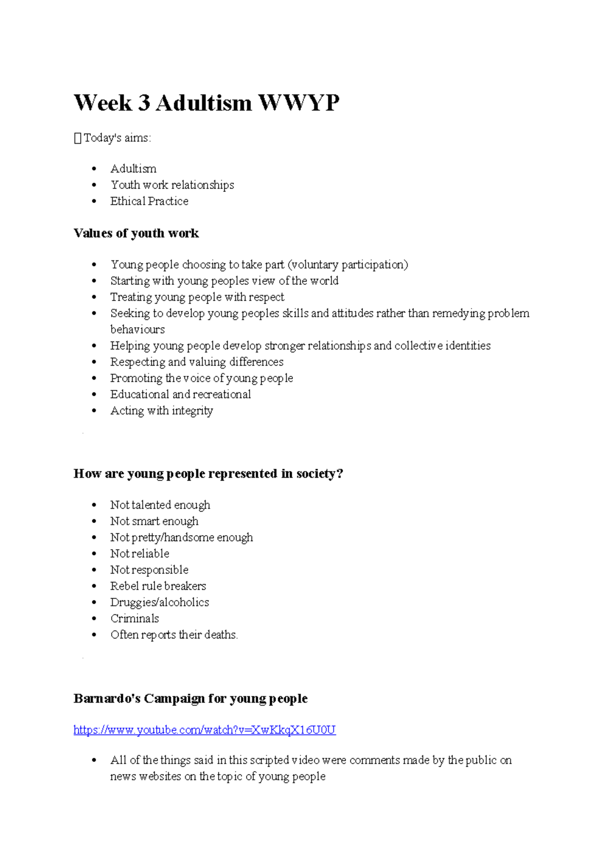 Week 3 Adultism WWYP - Week 3 Seminar and lecture notes - Week 3 ...