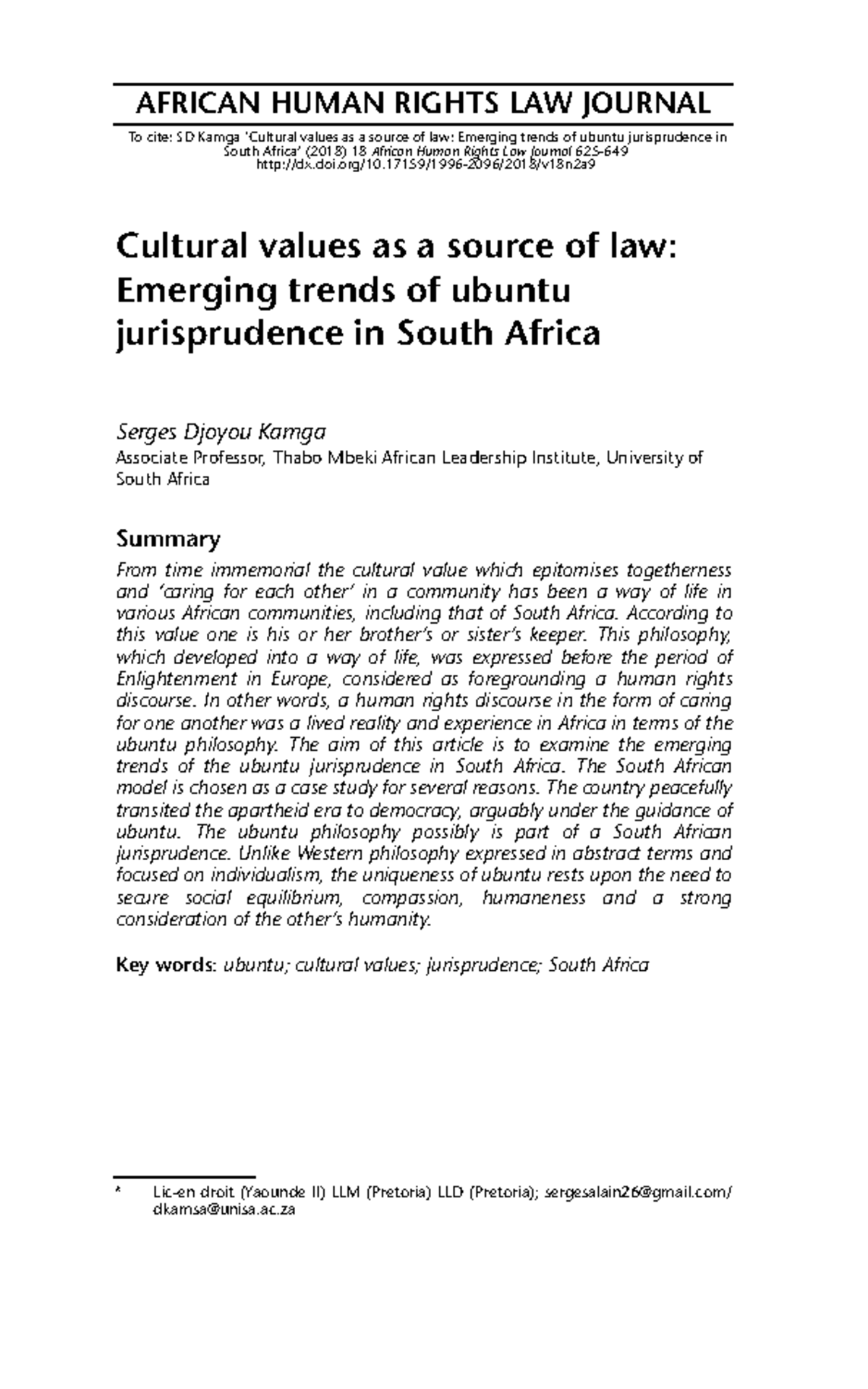 Kamga, S.D. Cultural values as a source of law Emerging trends of ...