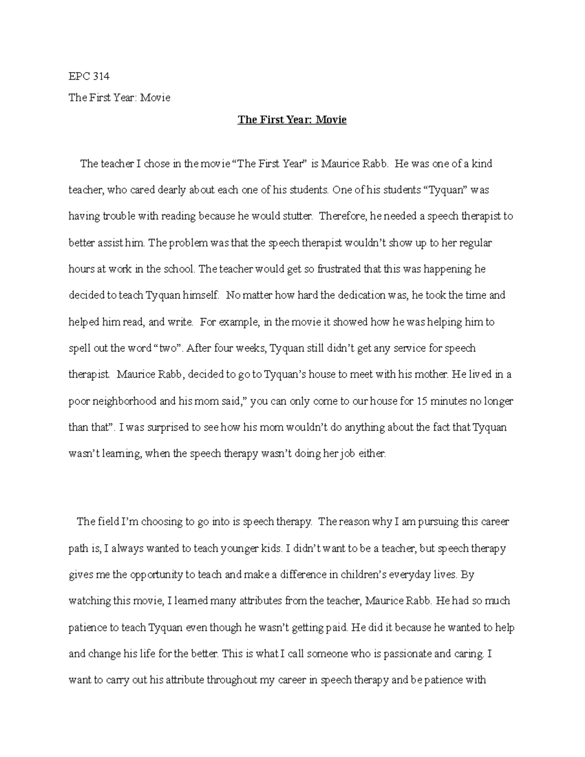 The first year - Lecture notes - EPC 314 The First Year: Movie The ...