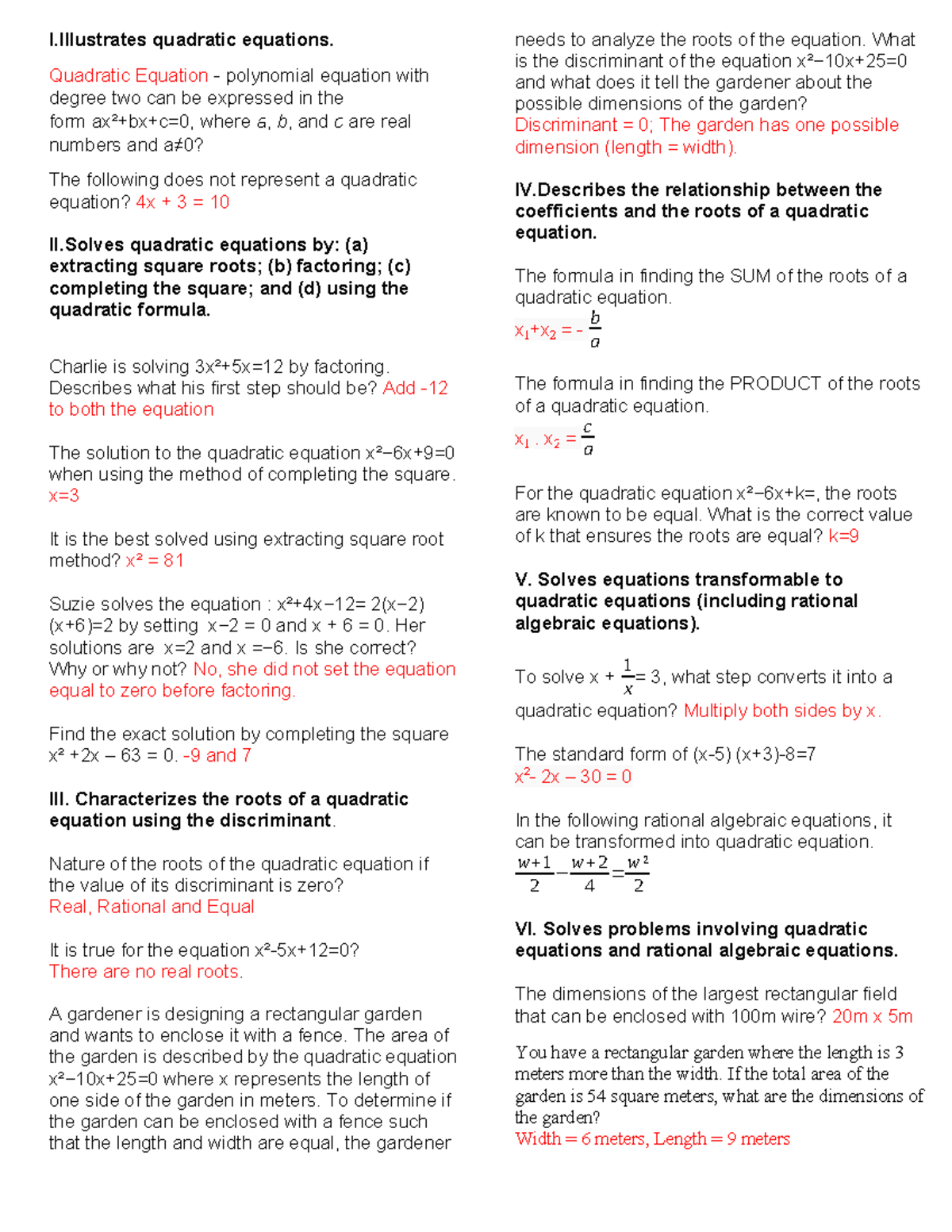 Quarter-I-Reviewer - reveiwer - I quadratic equations. Quadratic ...