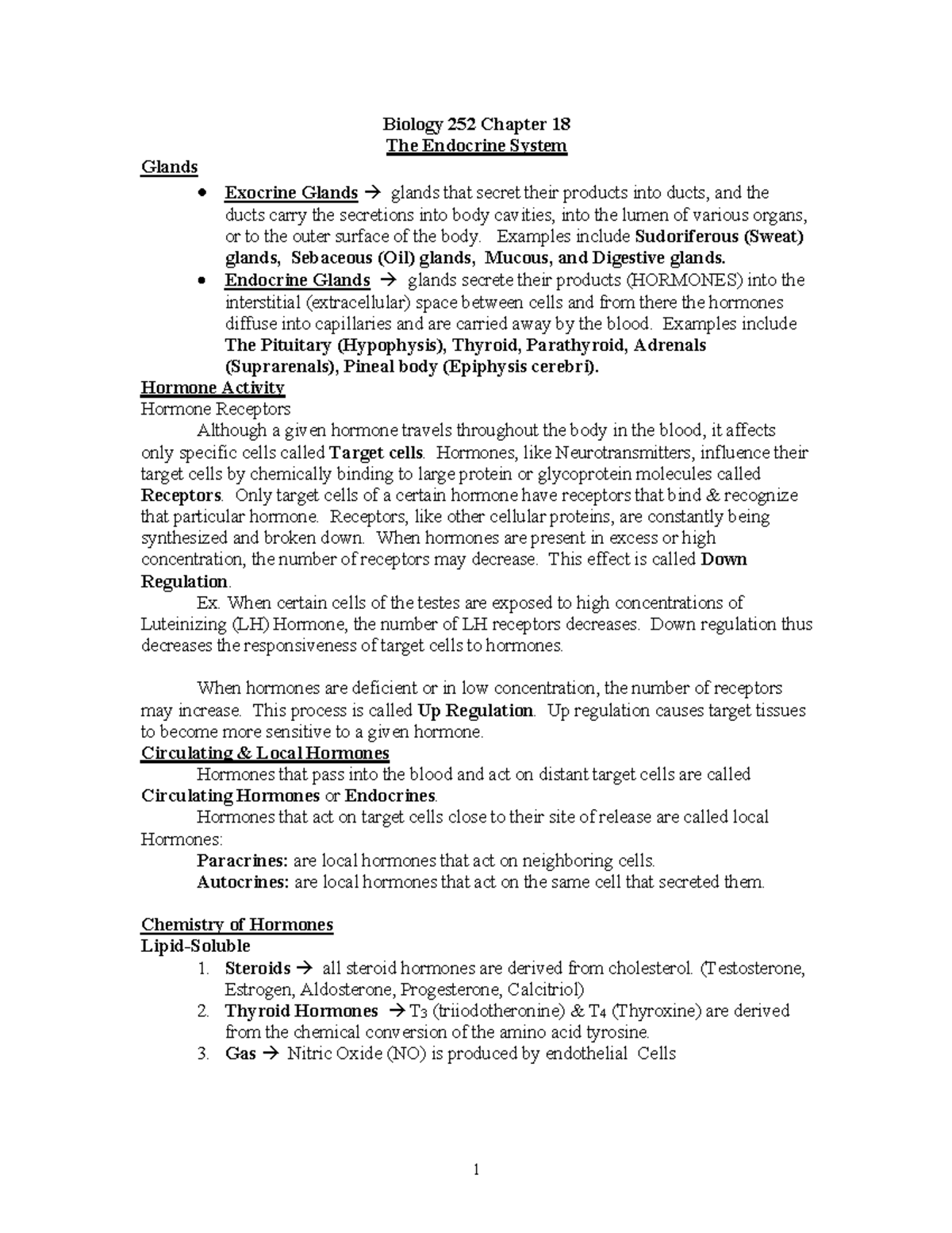 Bio 252 Chapter 18 The Endocrine System Outline - Biology 252 Chapter ...