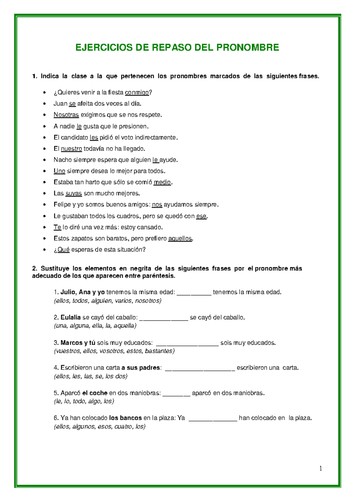 Pronombre Ejercicios - Gramática española - EJERCICIOS DE REPASO DEL ...