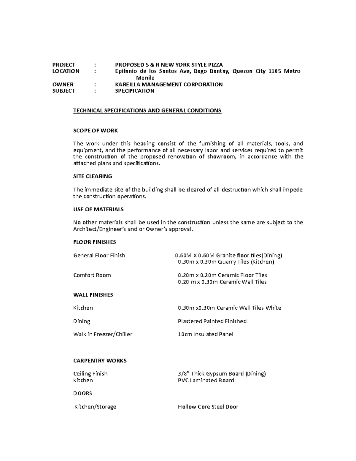 Specification of Materials Example - PROJECTLOCATION :: PROPOSED S & R ...