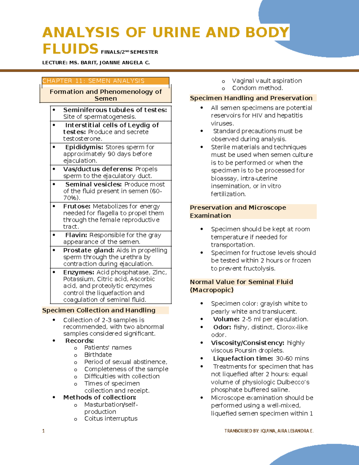 AUBF Transes Chapter 11-14 Iquina - FLUIDS FINALS/2ND SEMESTER LECTURE: MS. BARIT, JOANNE ANGELA ...