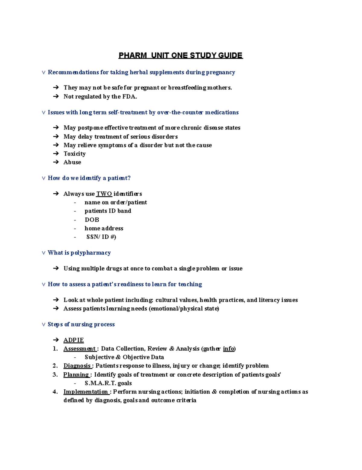 UNIT 1 Pharm - PHARM UNIT ONE STUDY GUIDE v Recommendations for taking ...