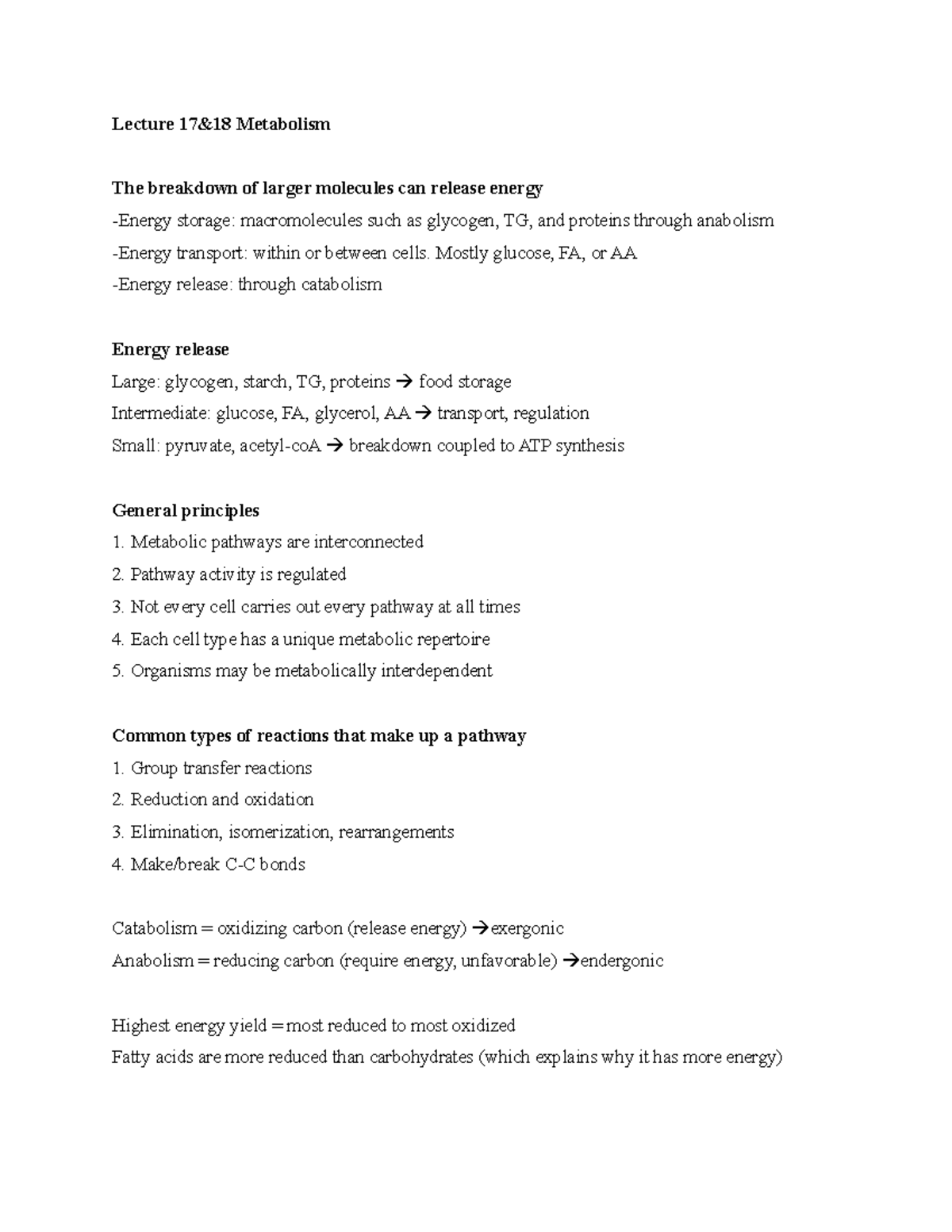 BIOC Notes - bioc - Lecture 17&18 Metabolism The breakdown of larger ...