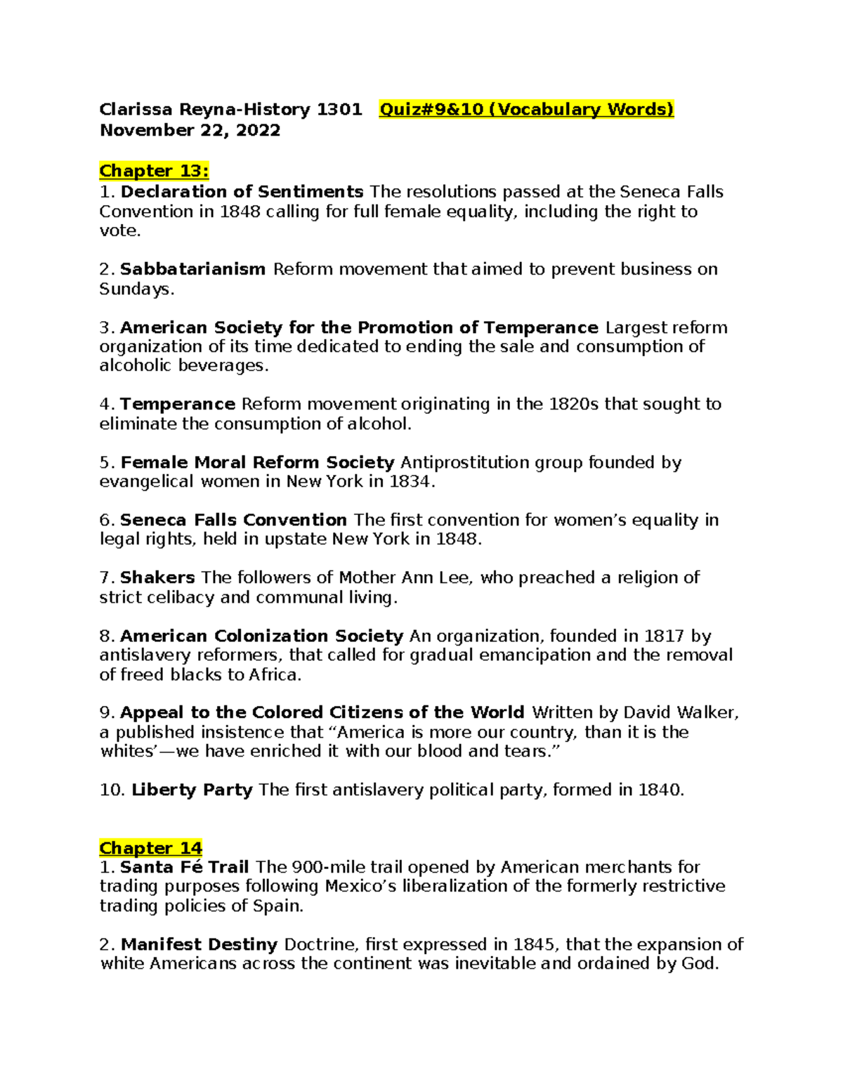 Quiz 9-10 History 1301 - quiz - Clarissa Reyna-History 1301 Quiz#9&10 (Vocabulary Words) - Studocu
