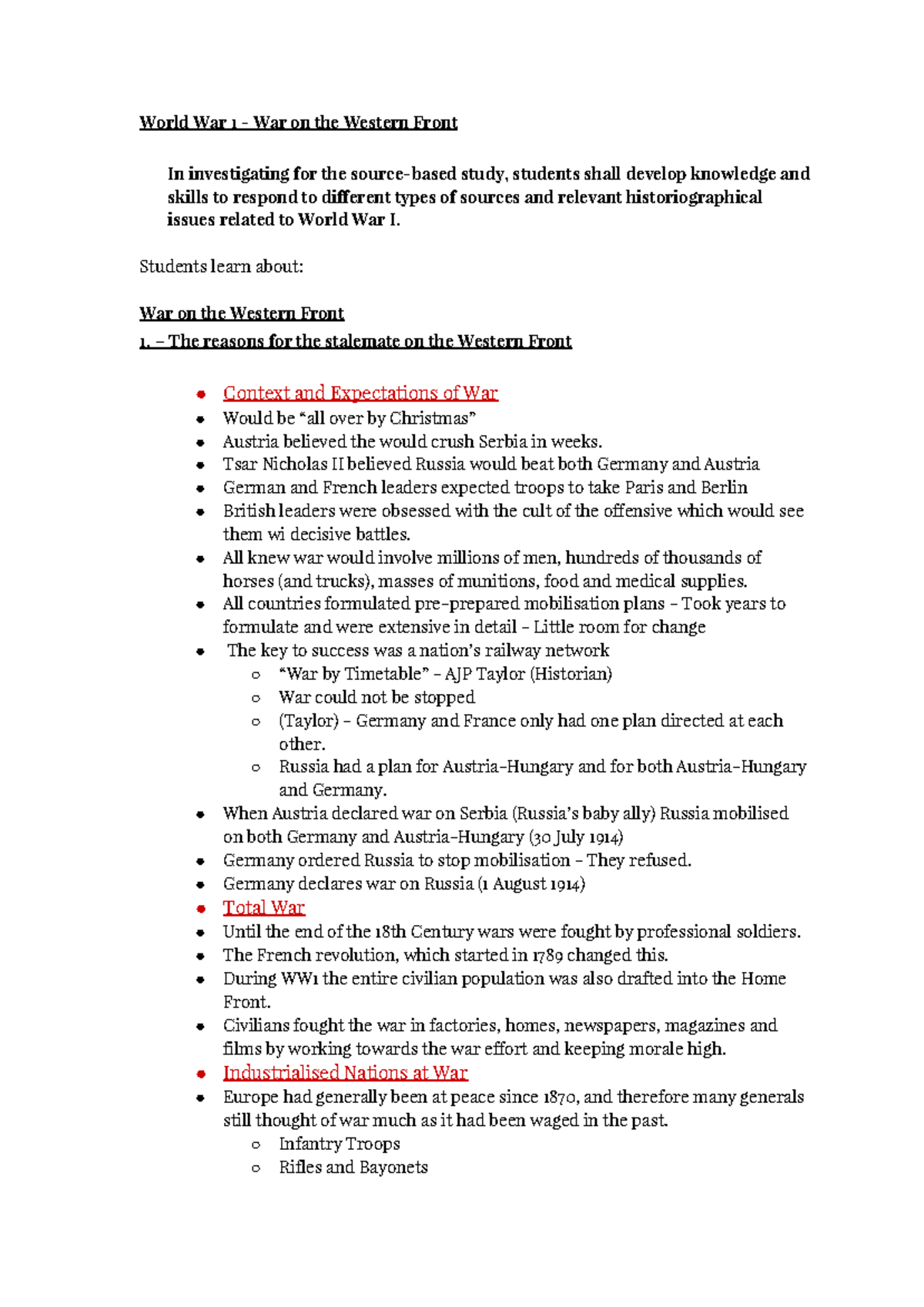 Modern History Notes - World War 1 - War on the Western Front - Studocu