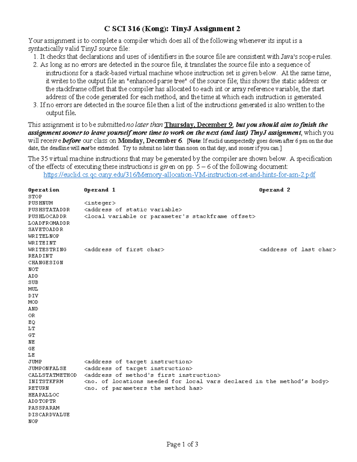 TinyJ Assignment 2 Instructions - Page 1 of 3 C SCI 316 (Kong): TinyJ Assignment 2 Your ...