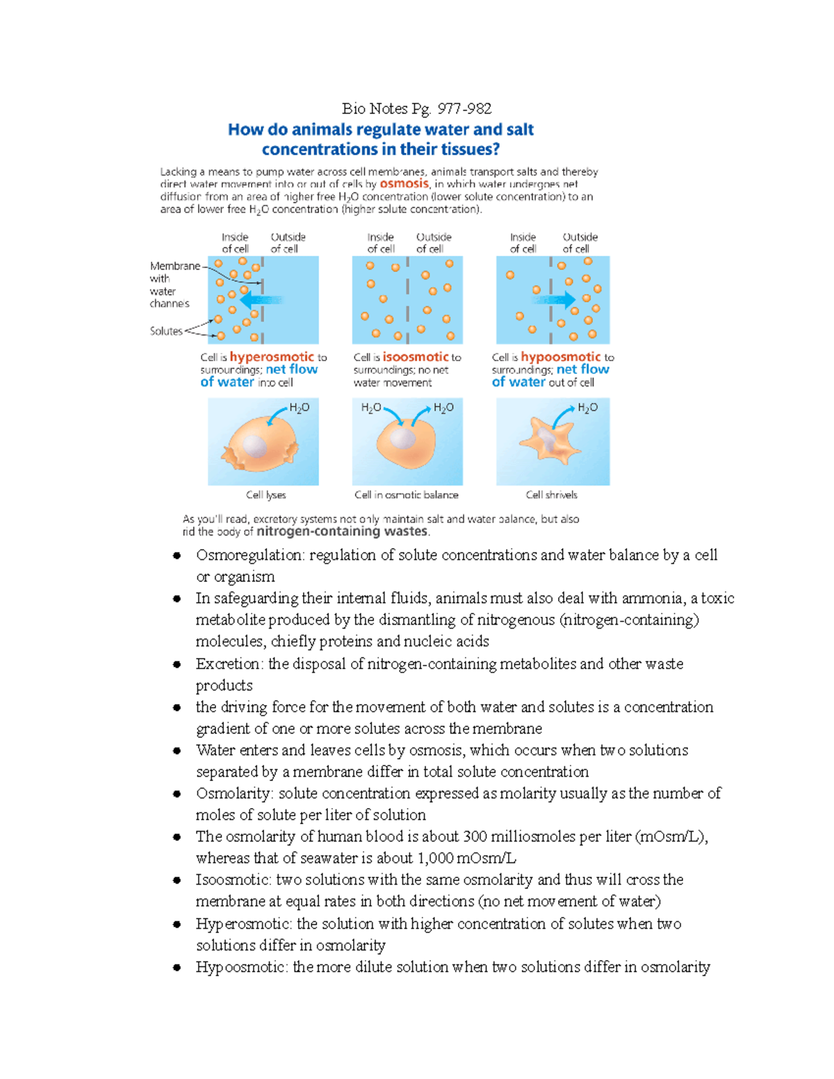 Bio Notes pg. 977-982 - Bio Notes Pg. 977- Osmoregulation: regulation ...