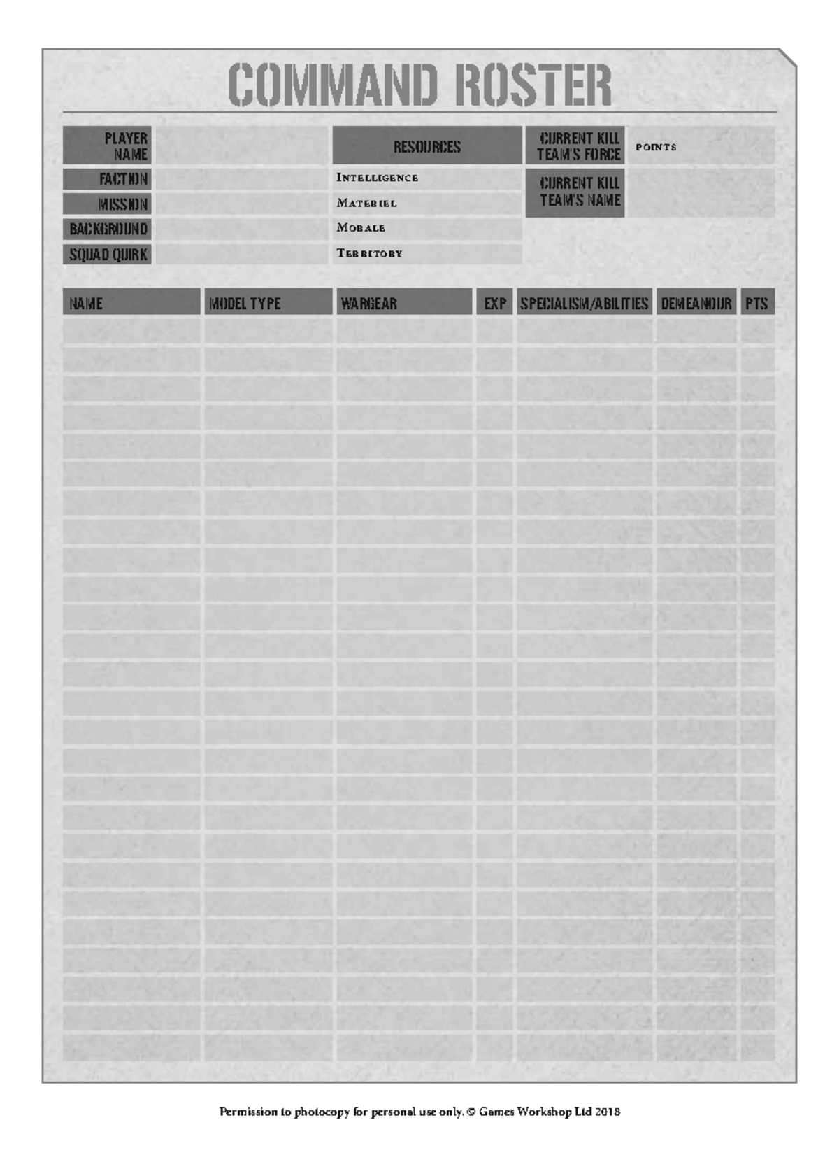 Kill Team Roster BW - asda - ELL-303 - COMMAND ROSTER Permission to ...