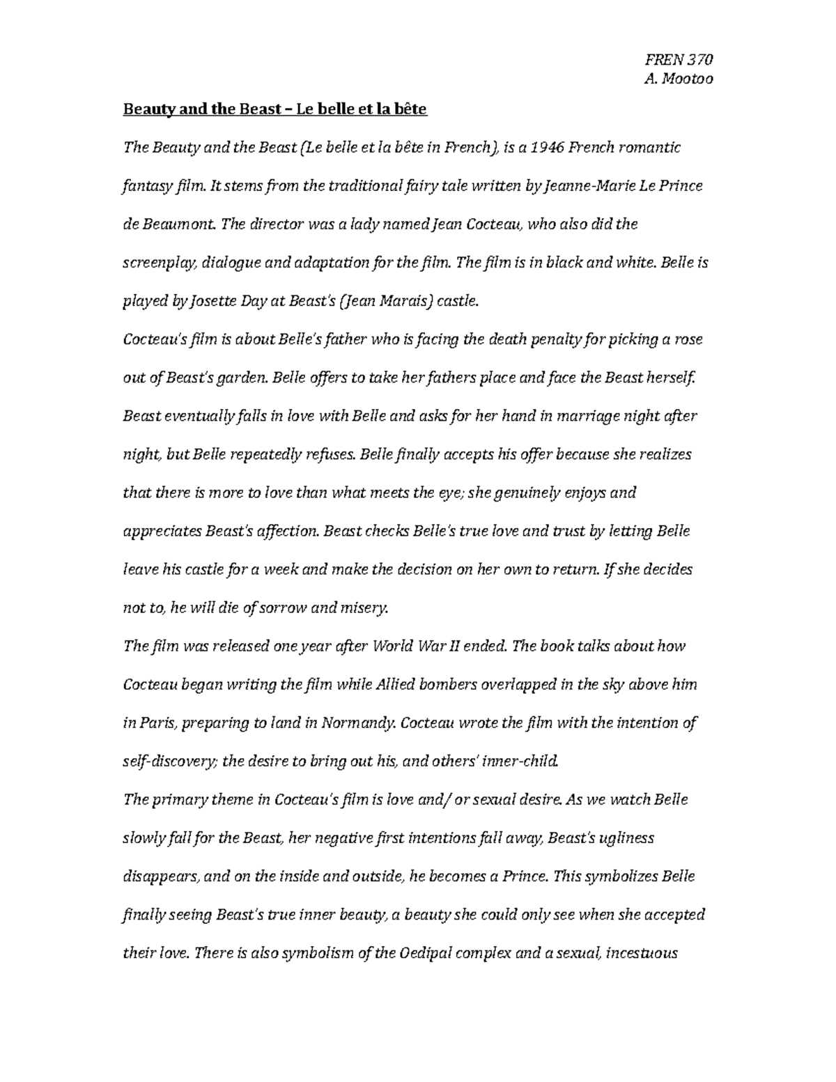 Beauty and the Beast – Le belle et la bête - FREN 370 A. Mootoo Beauty ...