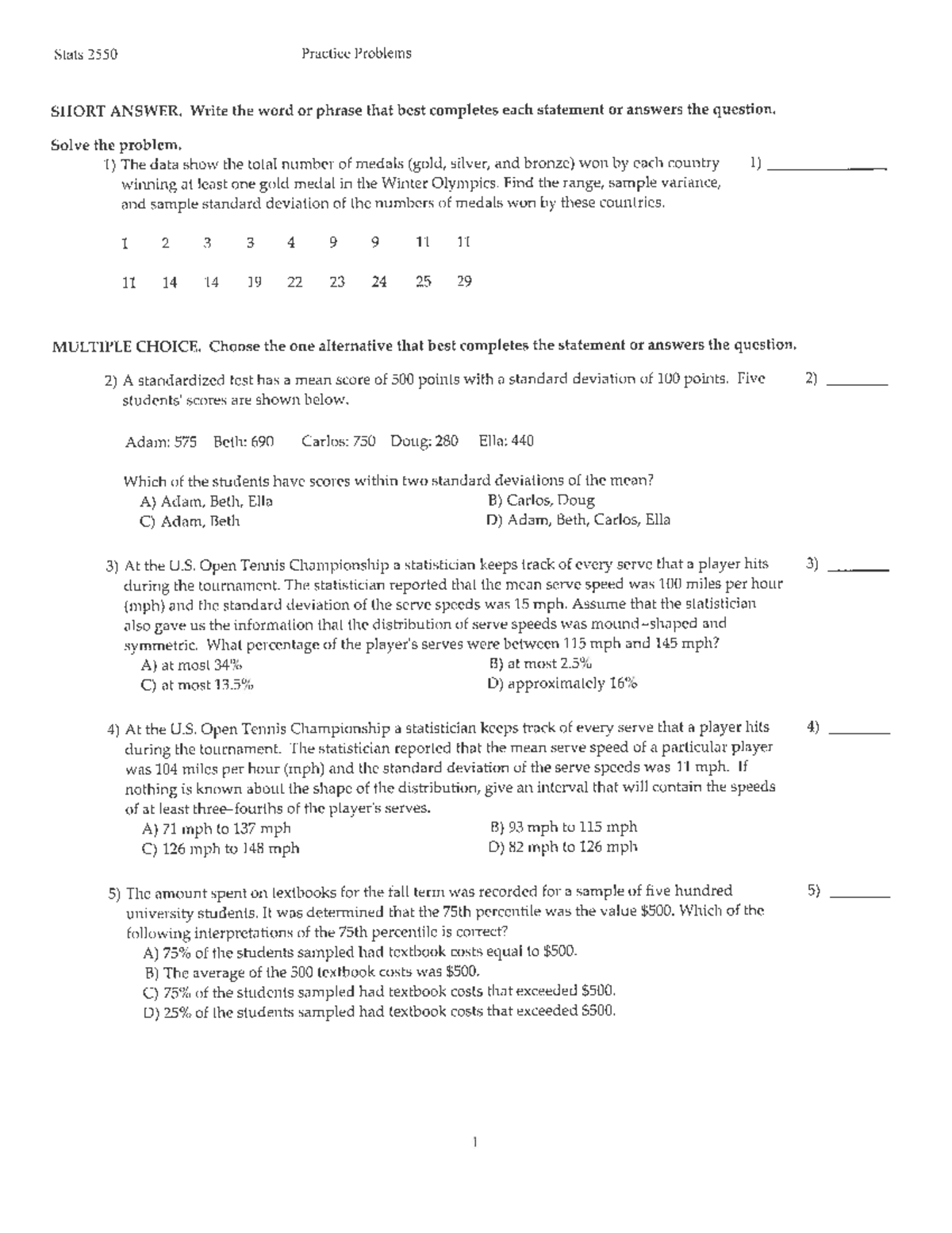 Practice Problems For Midterm Exam Stat2550 Stat 2550 Warning
