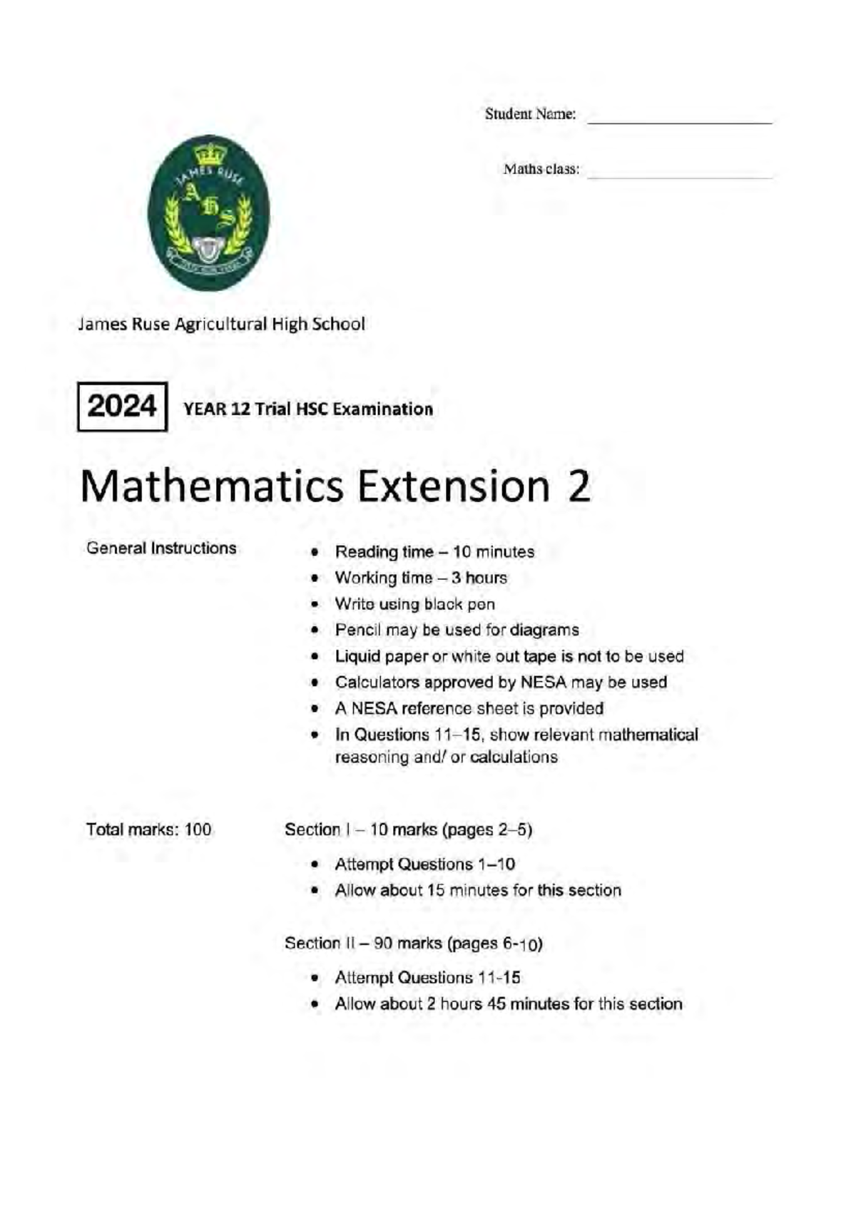 Jamesruse-2024-e2 - Trial Paper - Student Name: Maths class: James Ruse ...