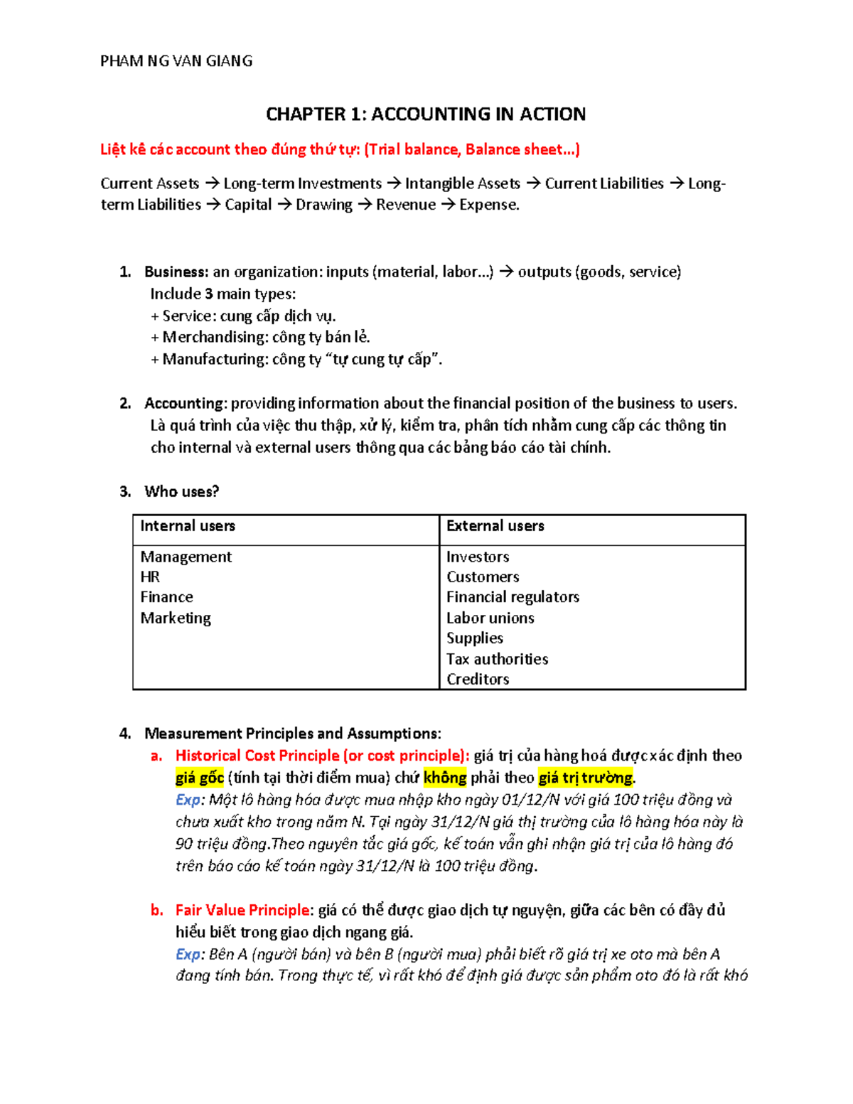 Chap 1 - tham khảo - PHAM NG VAN GIANG CHAPTER 1: ACCOUNTING IN ACTION Liệt kê các account theo ...