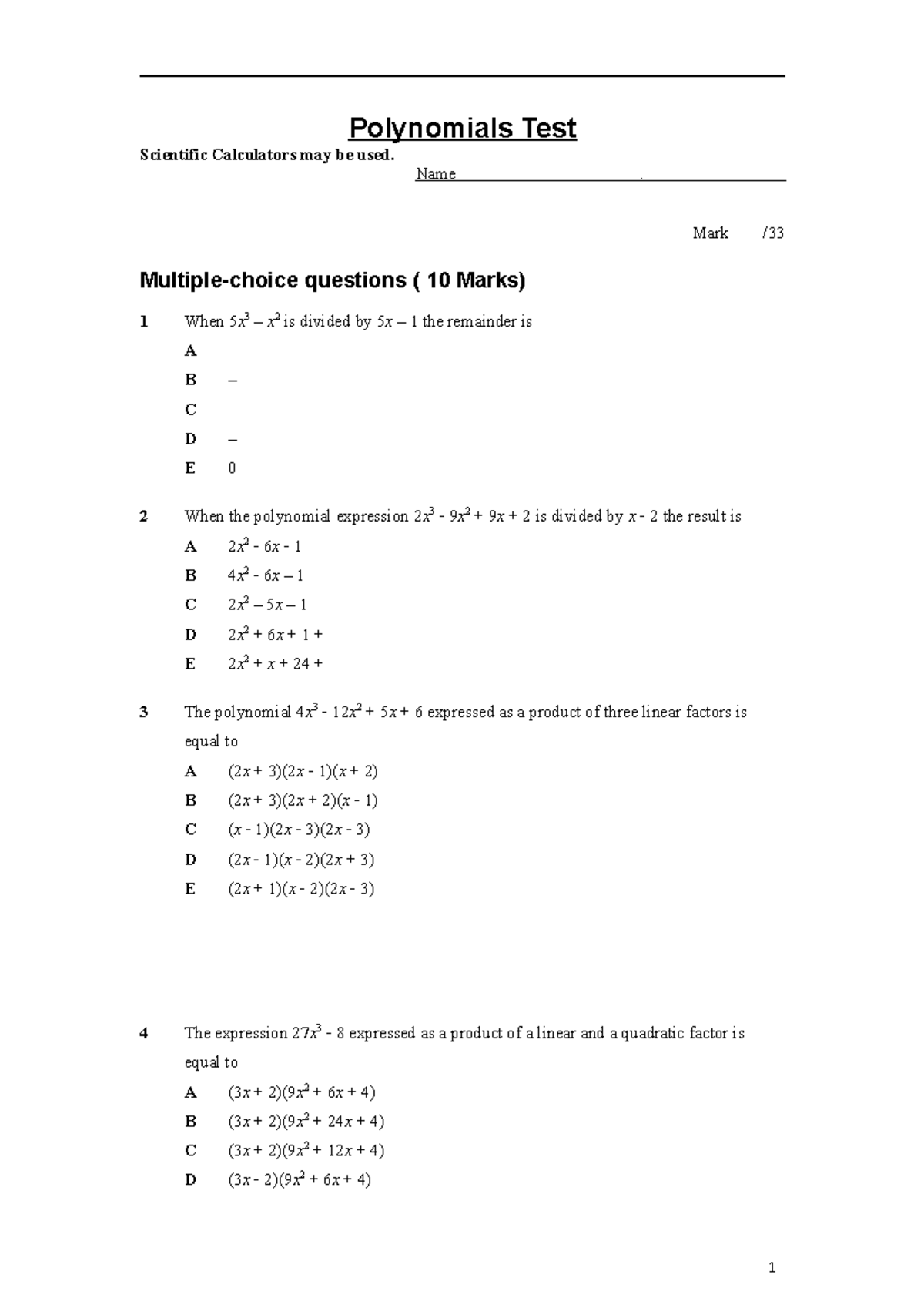 2021 Polynomials Test - math practise test - Polynomials Test ...