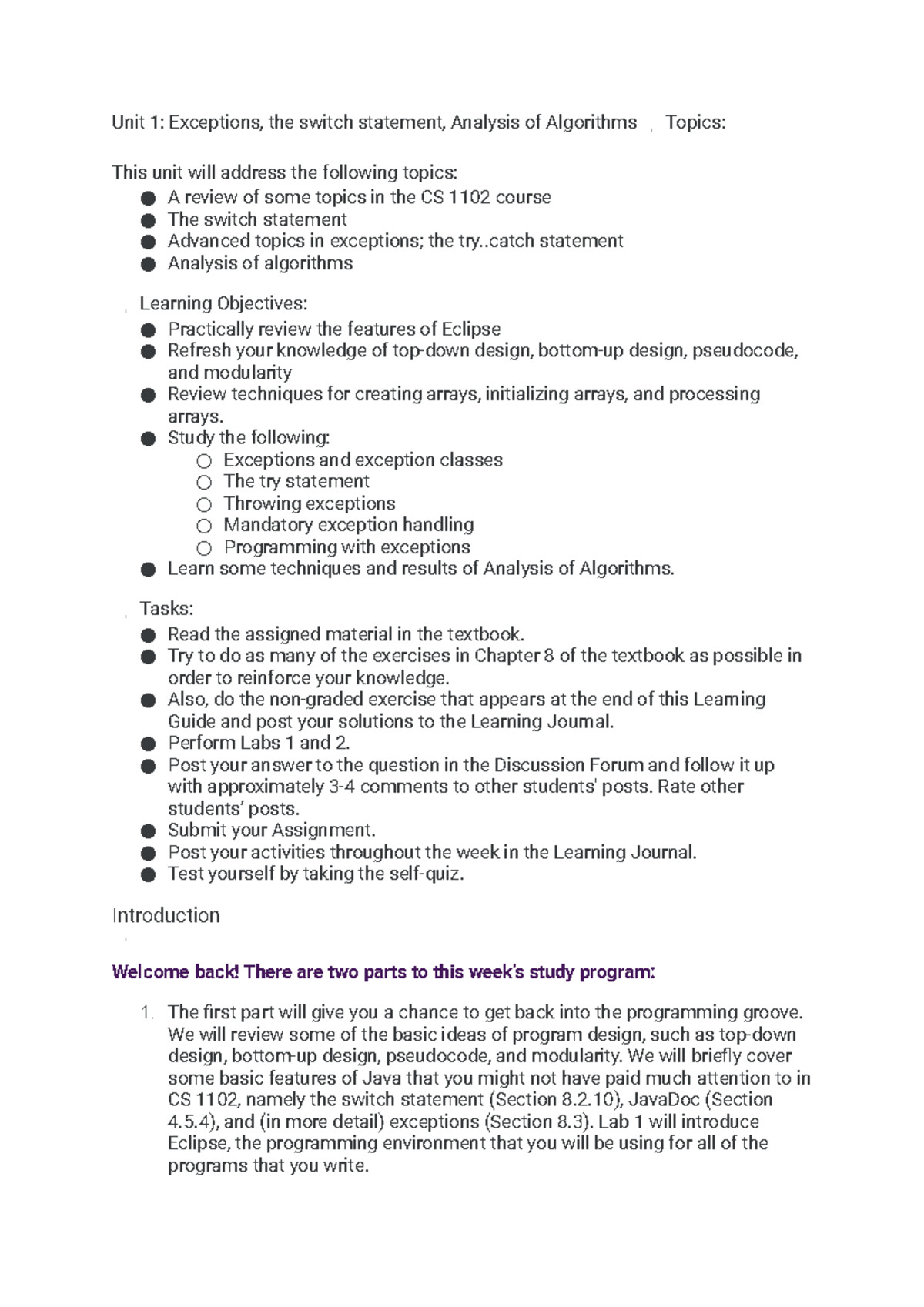 Unit 1 Exceptions, the switch statement, Analysis of Algorithms ...