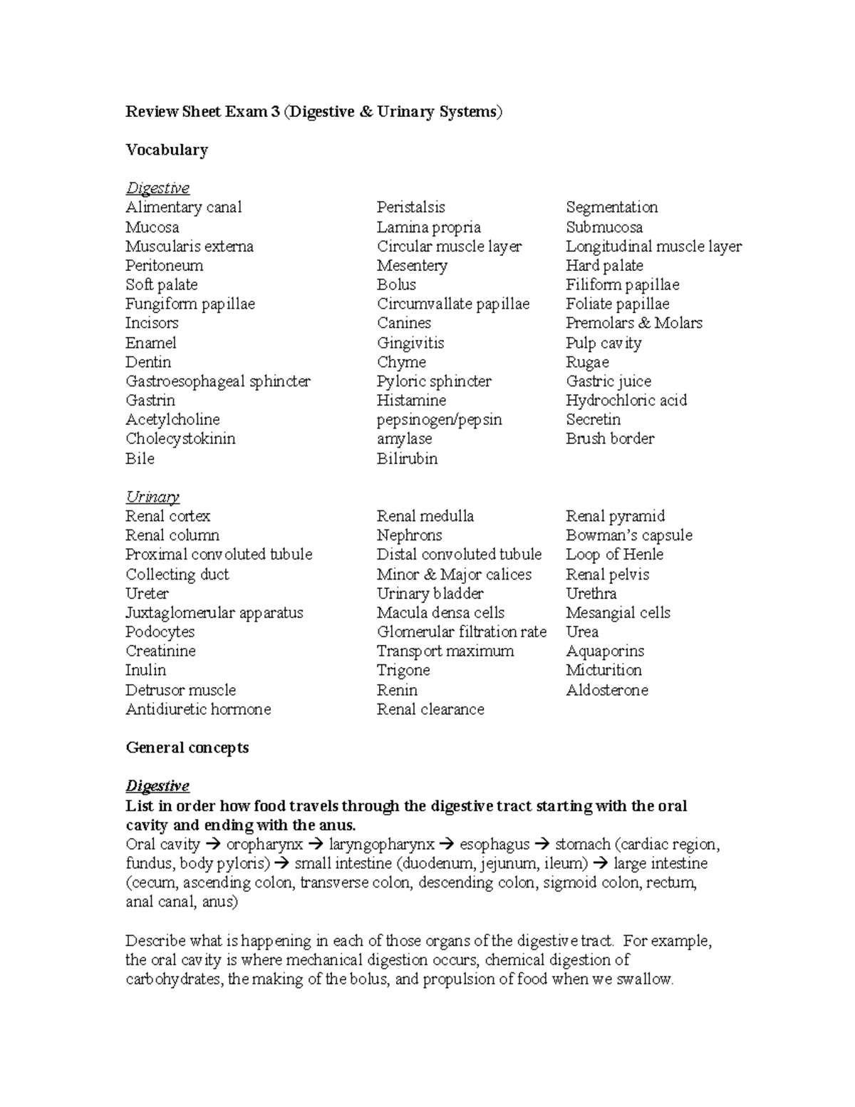 Exam 3 Review - Review Sheet Exam 3 ( Digestive & Urinary Systems ...