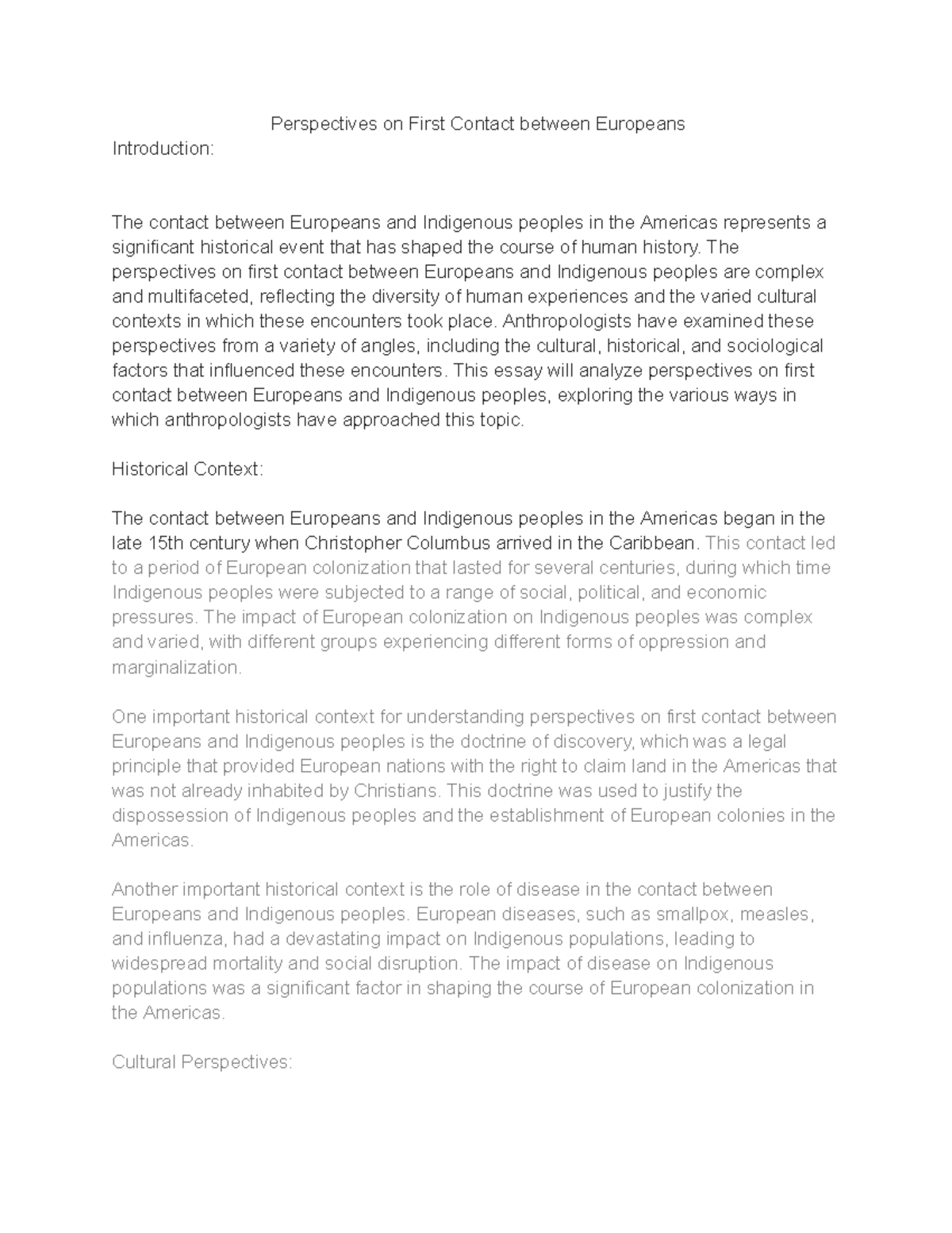 Perspectives on First Contact between Europeans - Perspectives on First ...