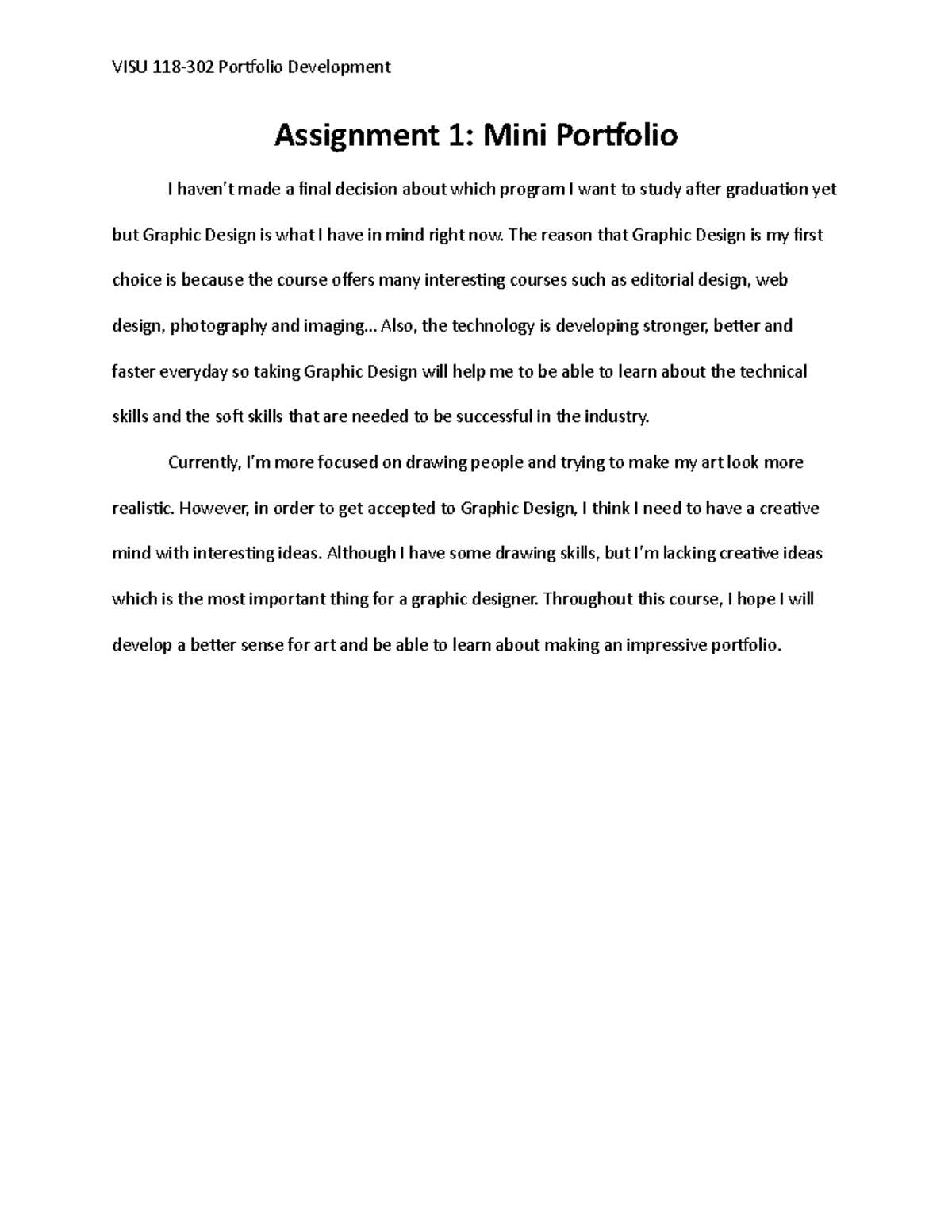Assignment 1 Mini Portfolio - VISU 118-302 Portfolio Development ...
