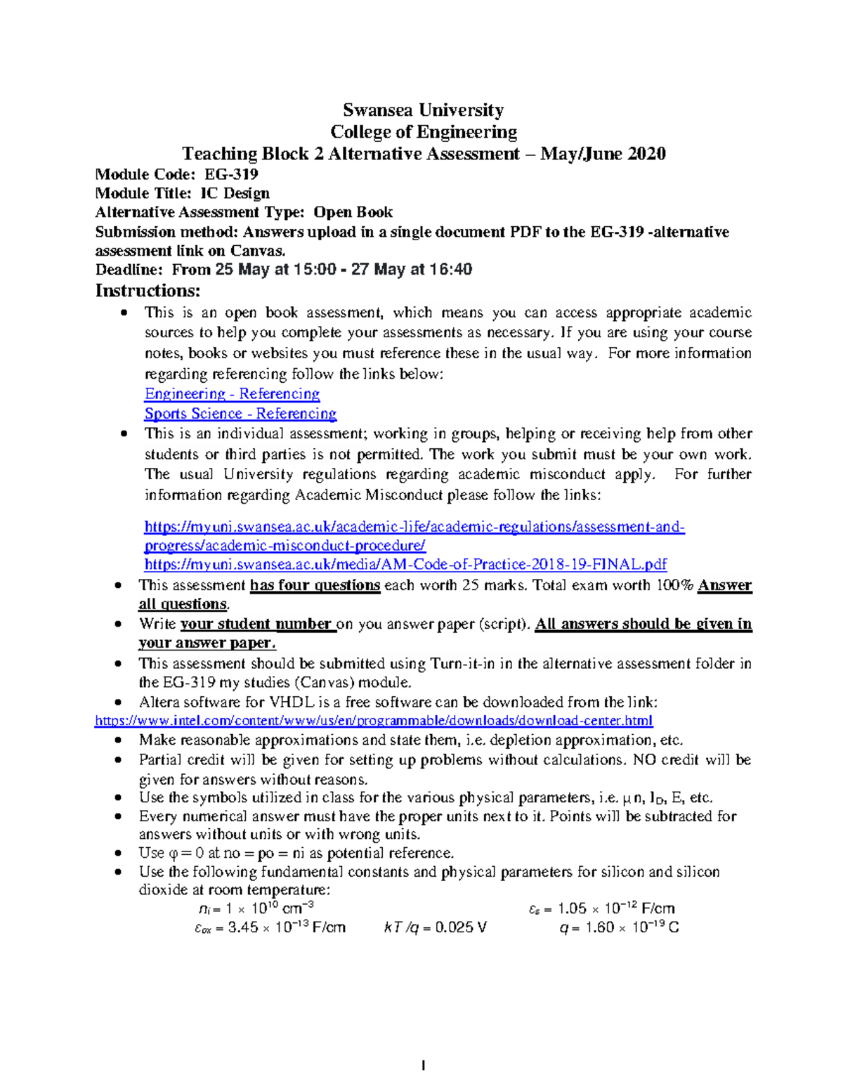 EG-319 Assessment 2020 - Swansea University College of Engineering ...