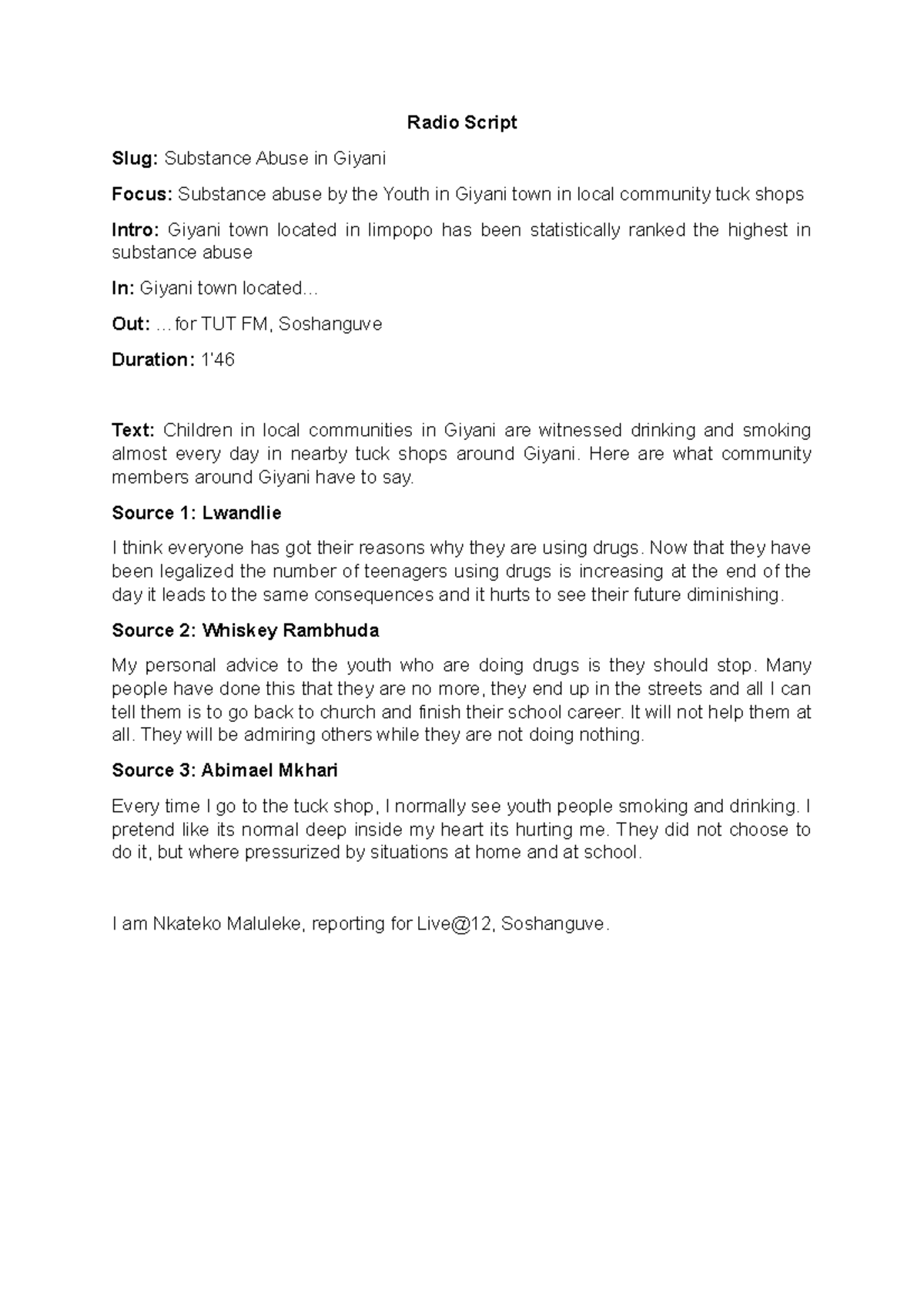 Substance Abuse - Testing 123 - Radio Script Slug: Substance Abuse in ...