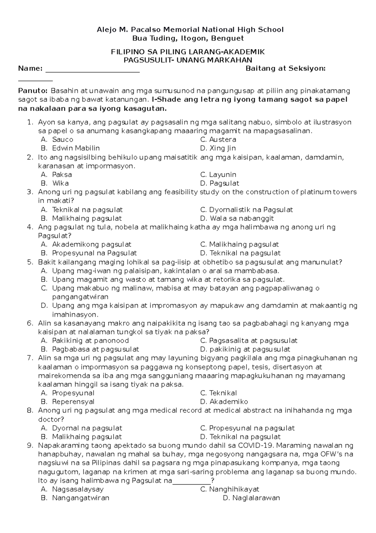 Pagsusulit-1 - Examination in Filipino - Alejo M. Pacalso Memorial ...