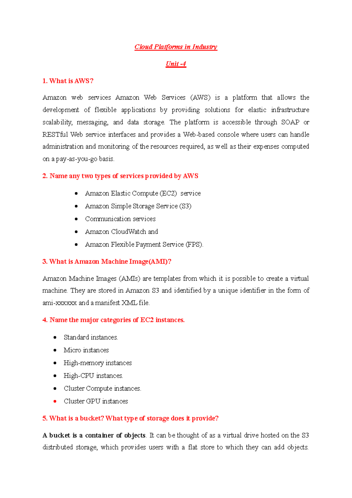 Cloud Computing unit 4 solved question Bank - Cloud Platforms in Industry Unit - 4 1. What is ...