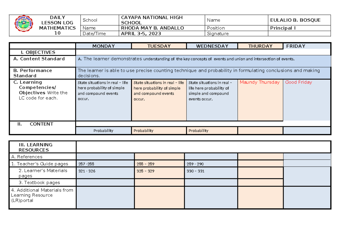 M10Q3W8 - learning plan - DAILY LESSON LOG MATHEMATICS 10 School CAYAPA ...