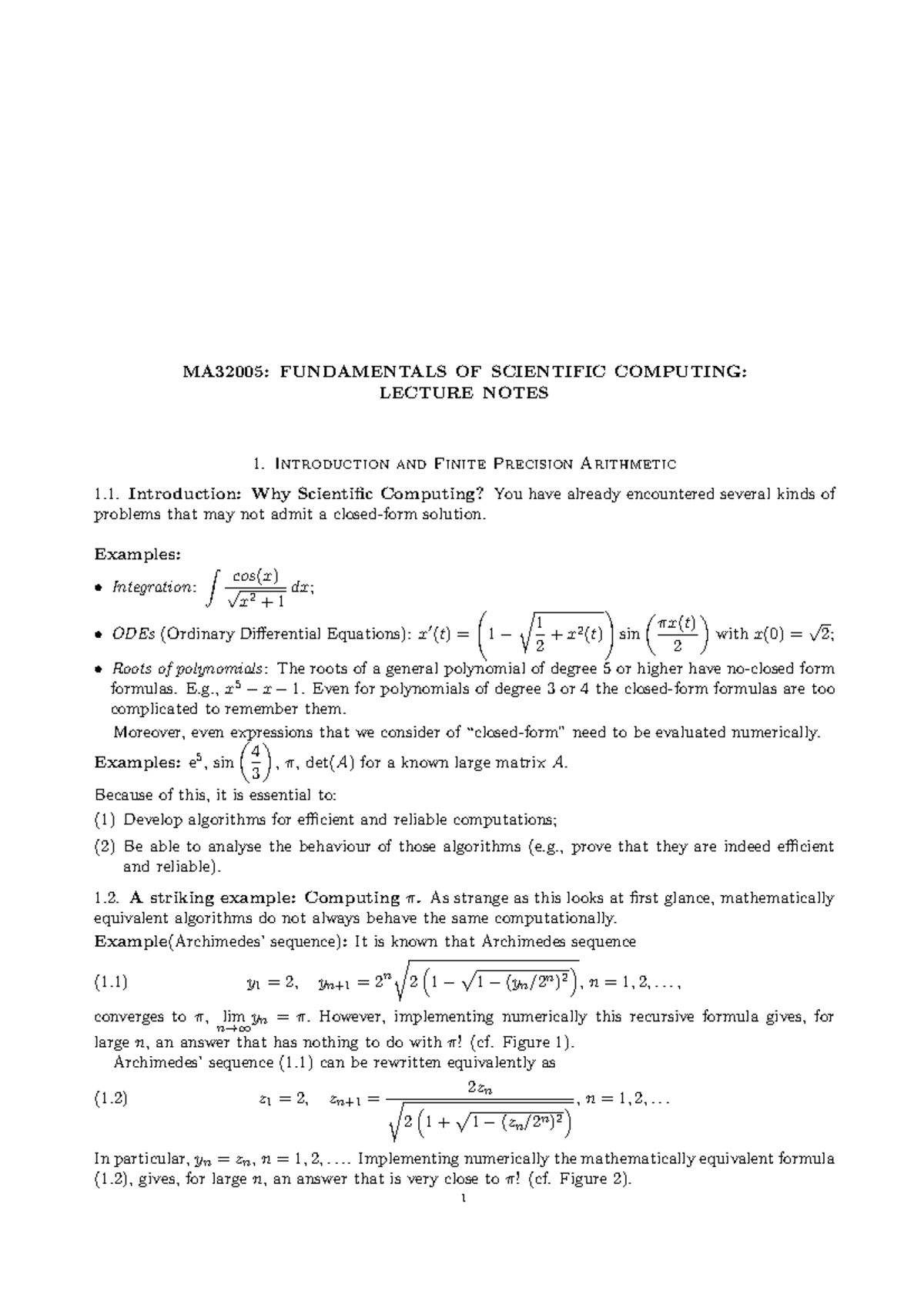 1 Introduction And Finite Precision Arithmetic Ma32005 Fundamentals Of Scientific Computing