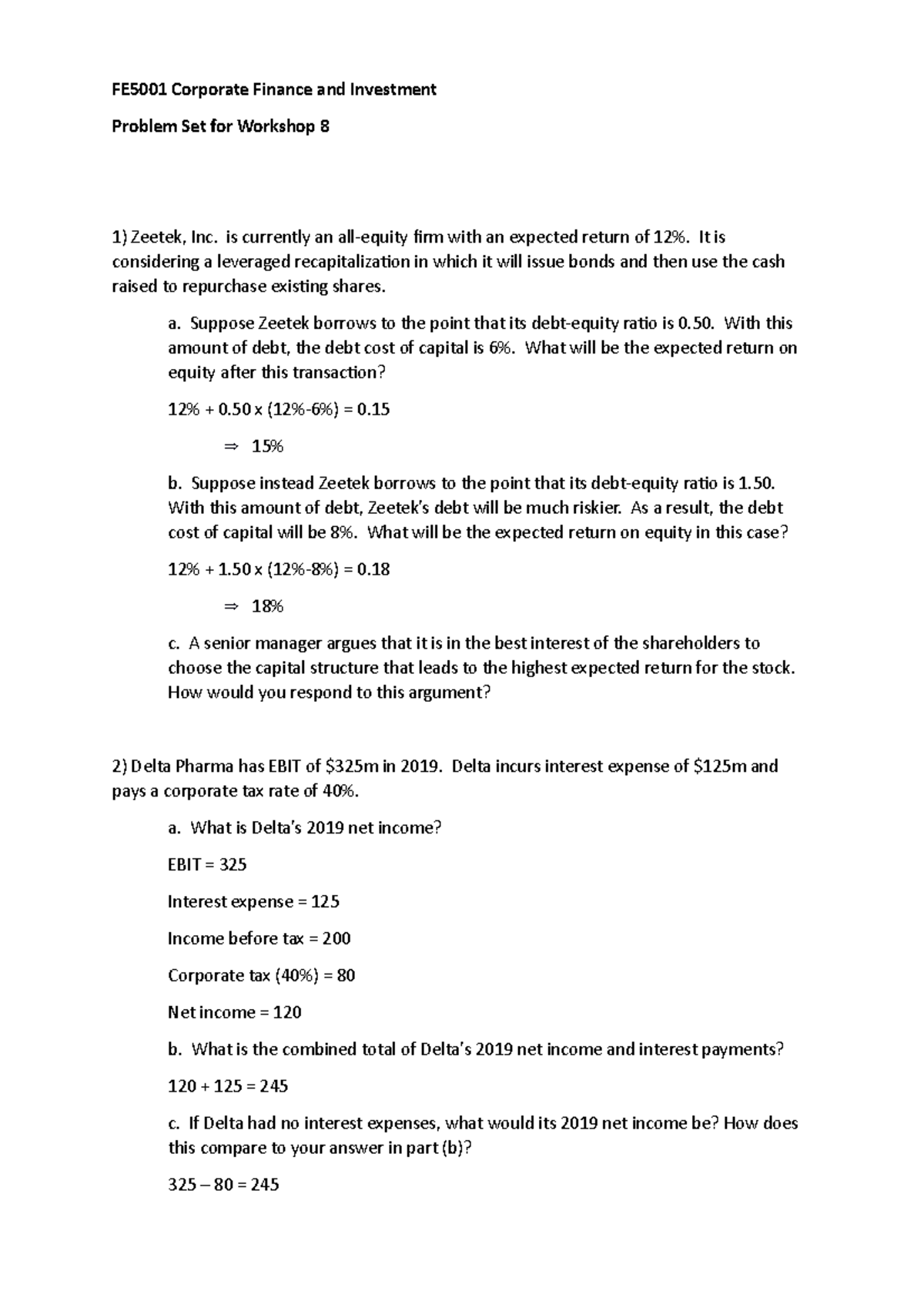 FE5001 2022 23 Problem Set Workshop 8-1 - FE5001 Corporate Finance and ...
