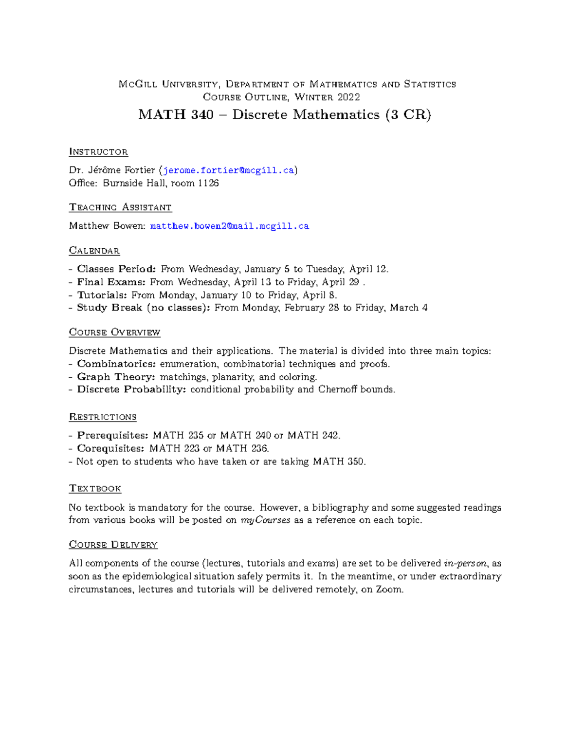 MATH 340 (Discrete Mathematics) Syllabus - Winter 2022 - McGill ...